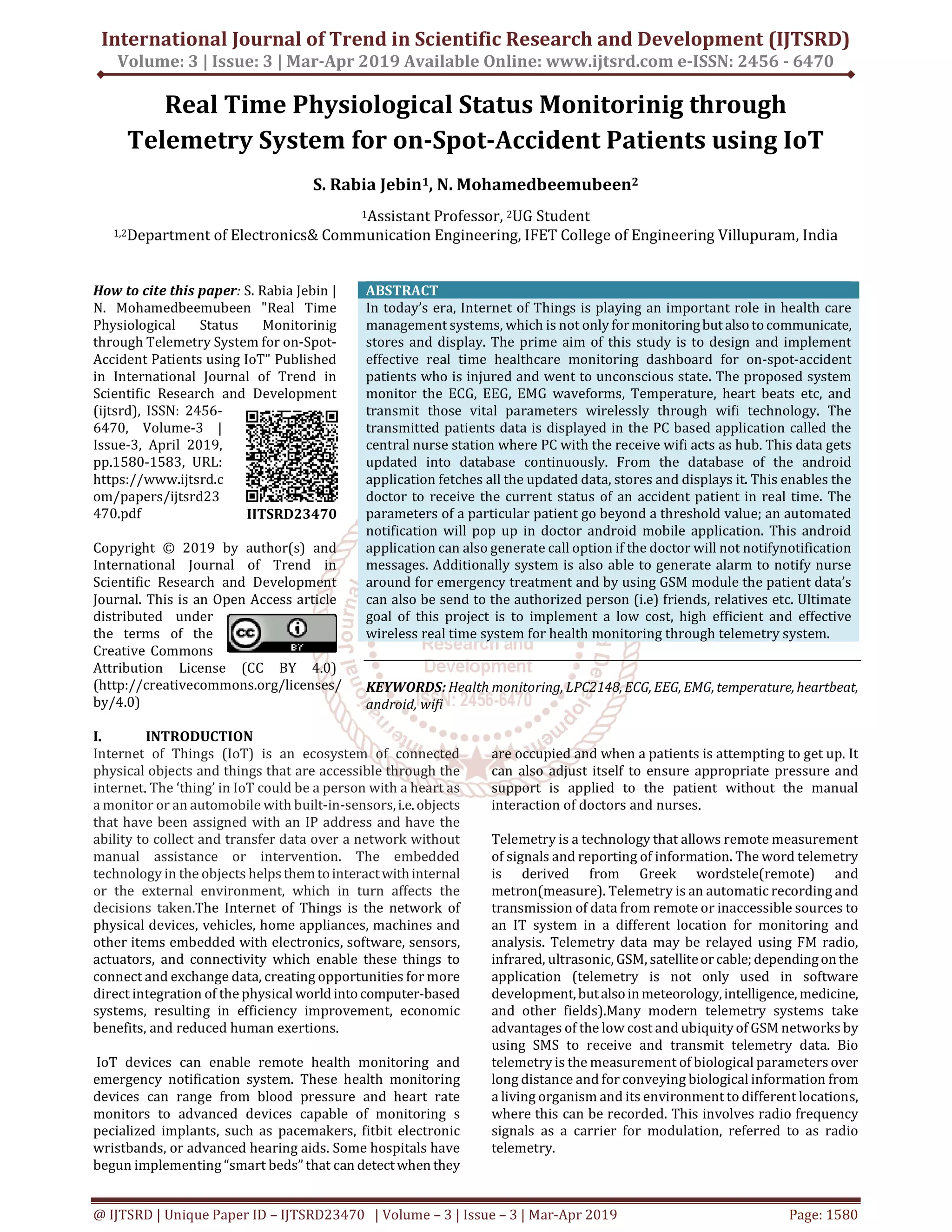Real Time Physiological Status Monitorinig through Telemetry System for on Spot Accident ...