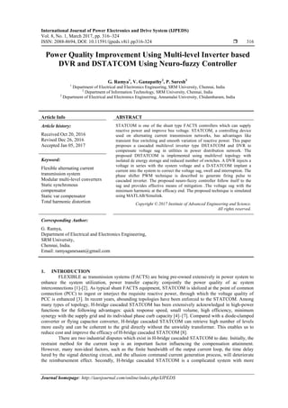 Power Quality Improvement Using Multi-level Inverter based DVR and DSTATCOM Using Neuro-fuzzy ...