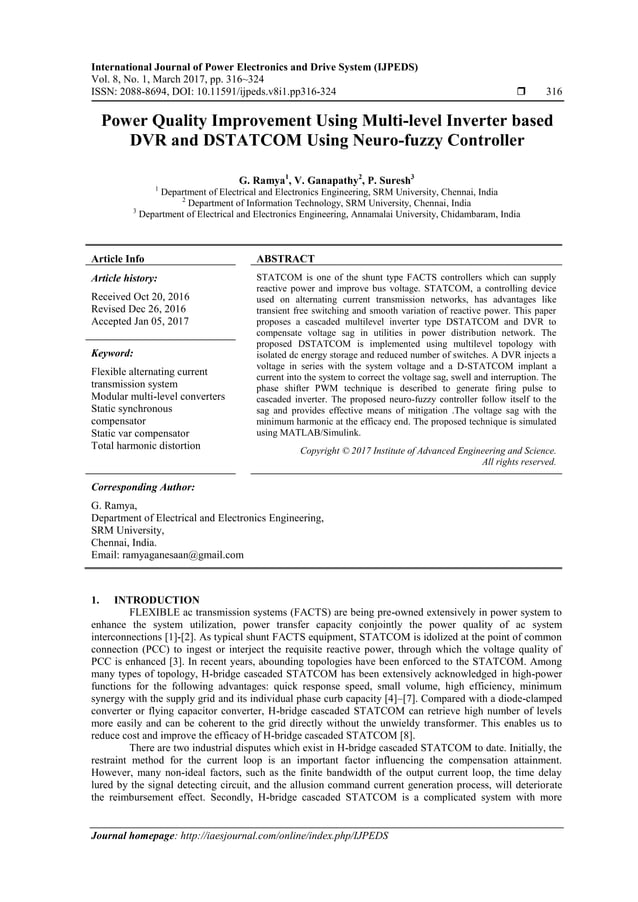 Power Quality Improvement Using Multi Level Inverter Based Dvr And Dstatcom Using Neuro Fuzzy