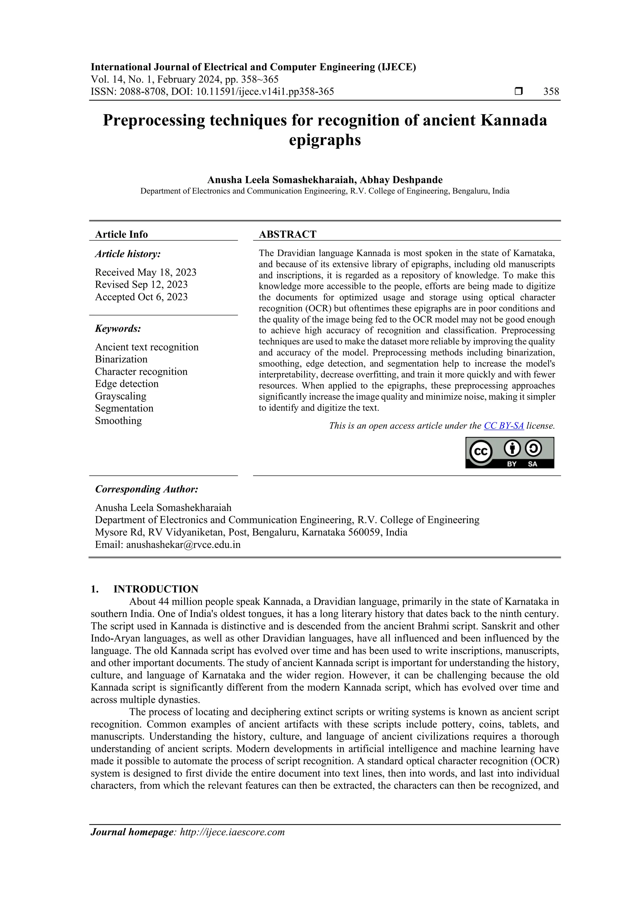 Preprocessing techniques for recognition of ancient Kannada epigraphs | PDF