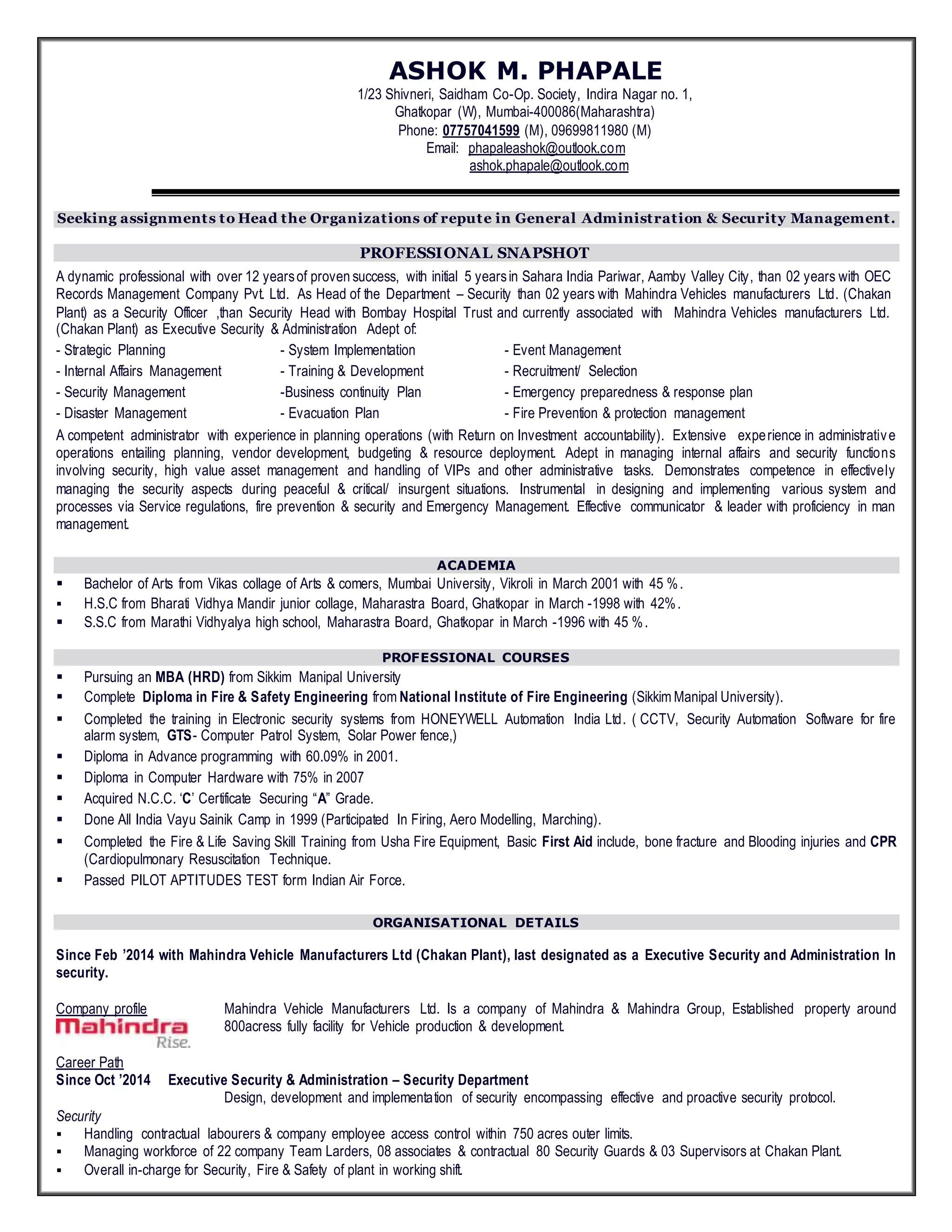 Resume -Ashok M. Phapale | DOCX
