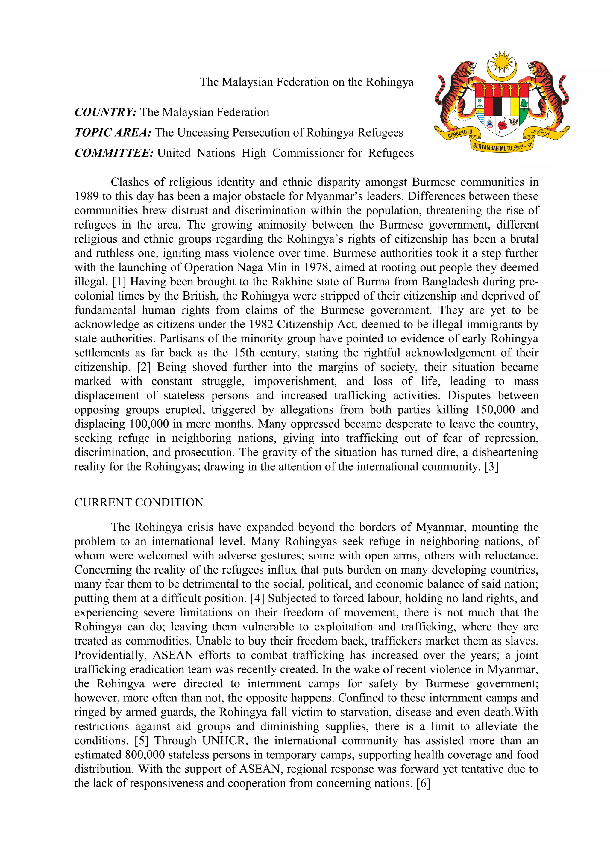 The Malaysian Federation UNHCR Position Paper | DOC