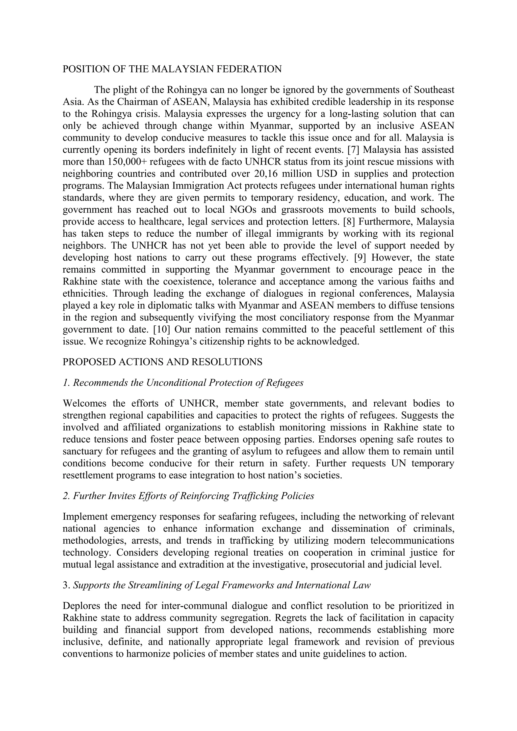 The Malaysian Federation UNHCR Position Paper | DOC