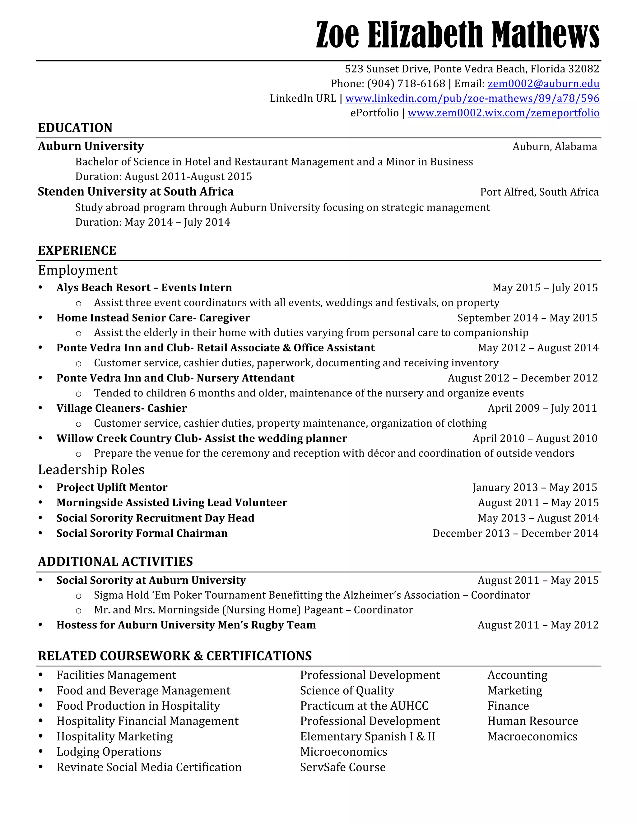 Zoe Mathews Resume | PDF | Hospitality Industry | Industries