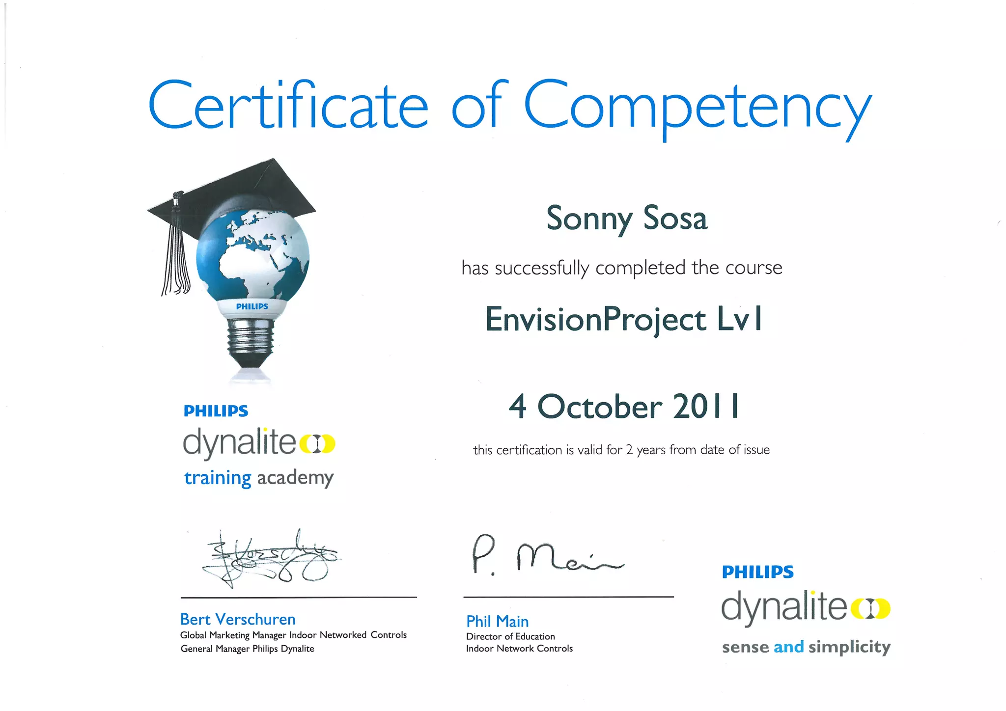 Philips_Dynalite Envision Project LvI Certificate | PDF