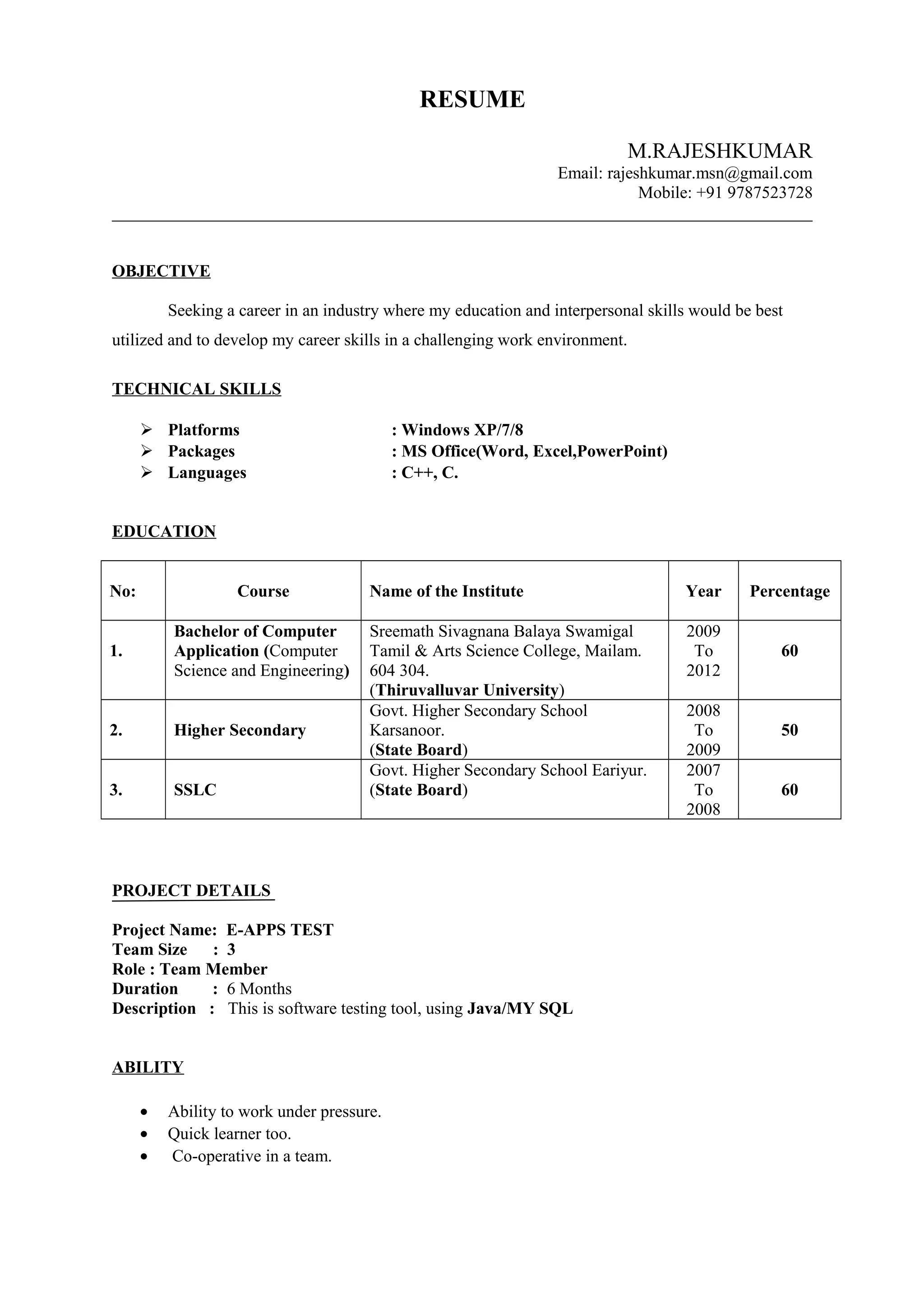 Resume(Rajesh) | DOC