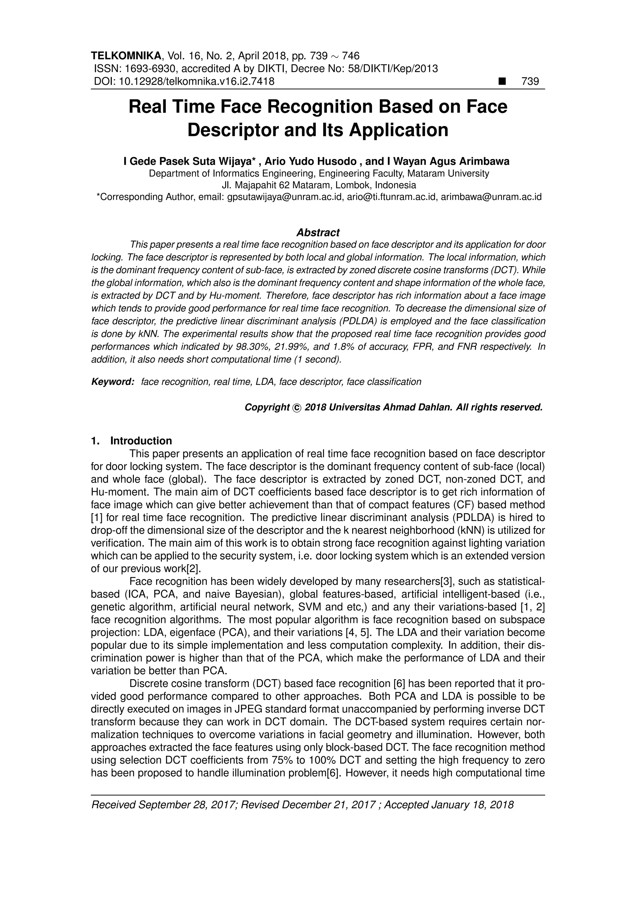 Real Time Face Recognition Based on Face Descriptor and Its Application | PDF