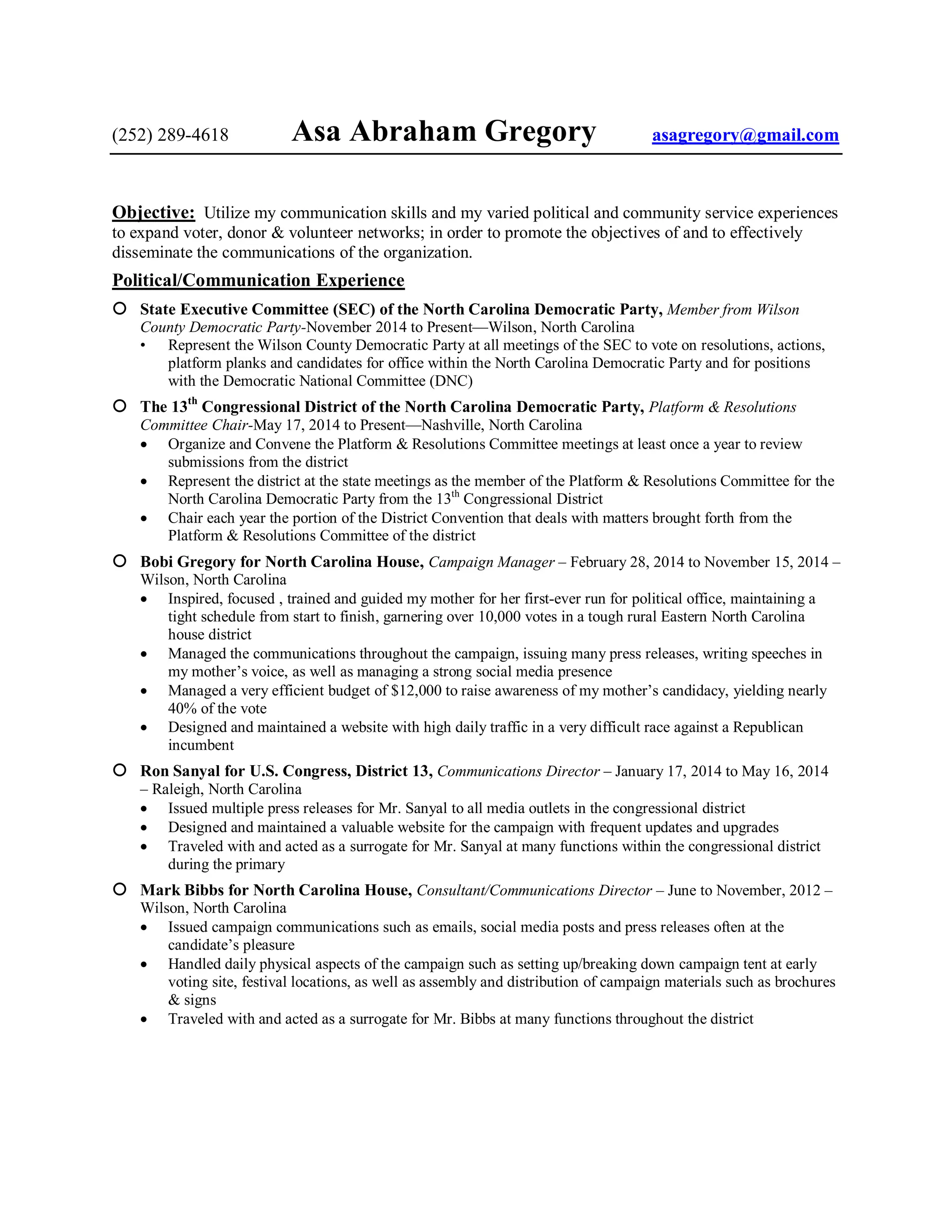 Asa Gregory political resume 11.12.15