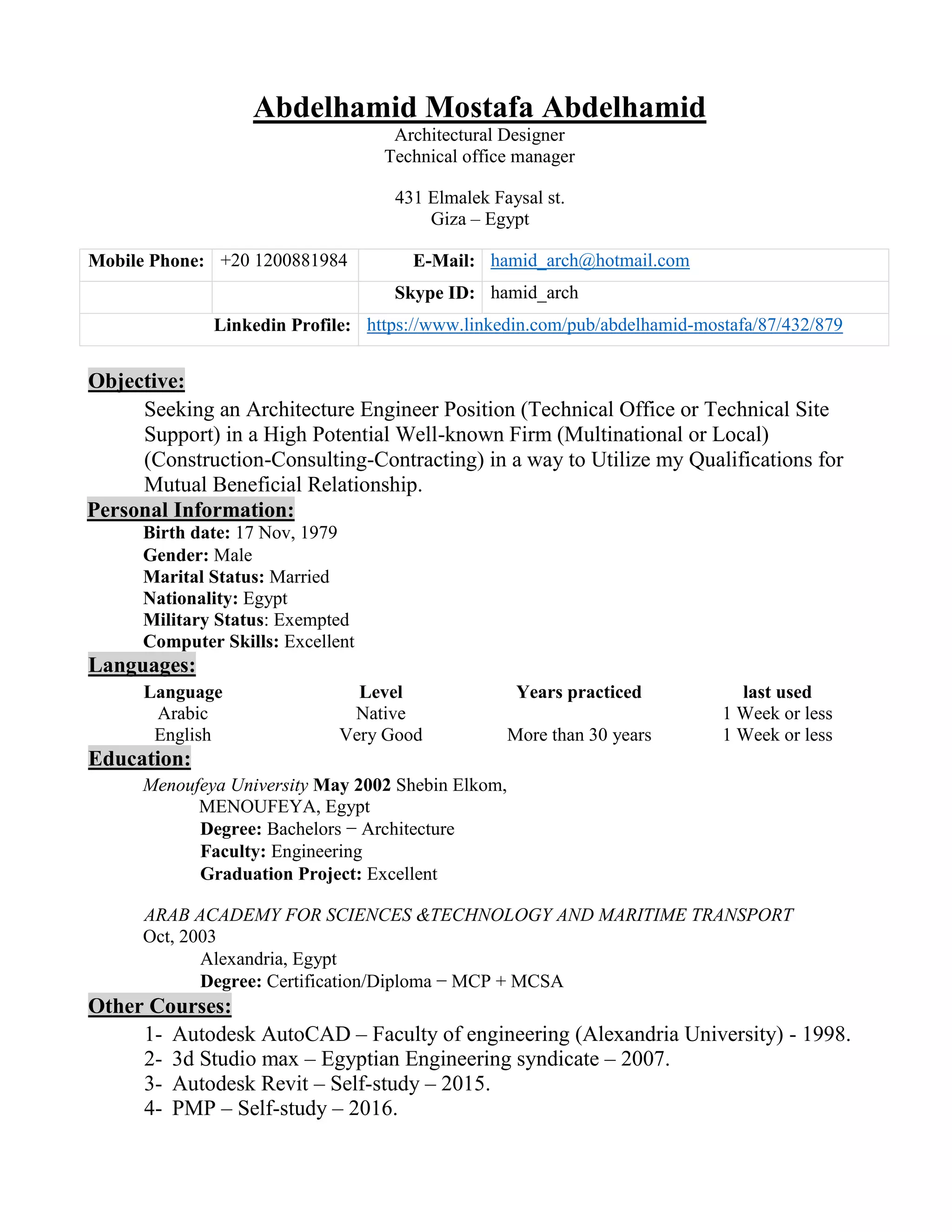 CV_Arch_2017 | PDF | Professional School | Postgraduate Education