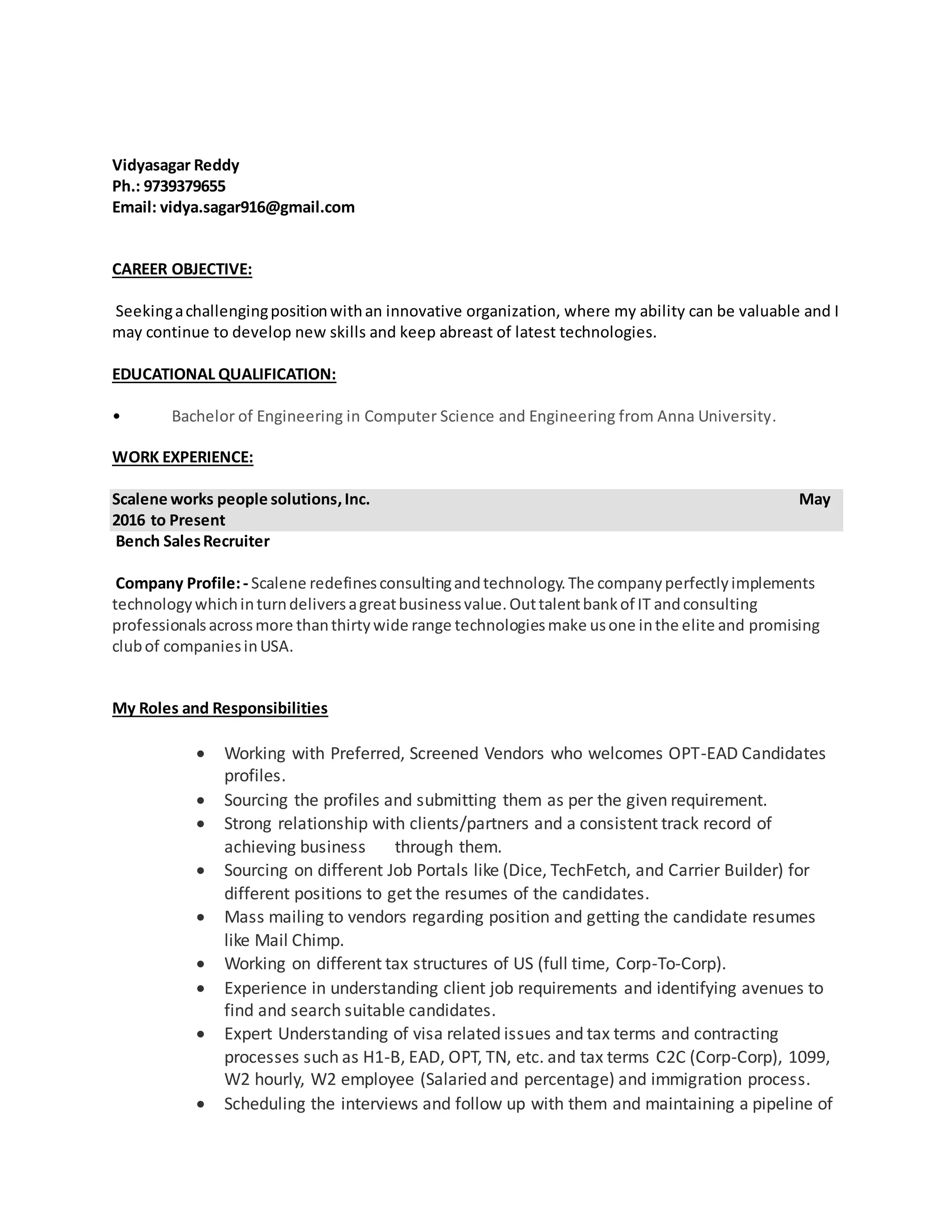 Vidyasagar-Bench Sales Resume | DOCX