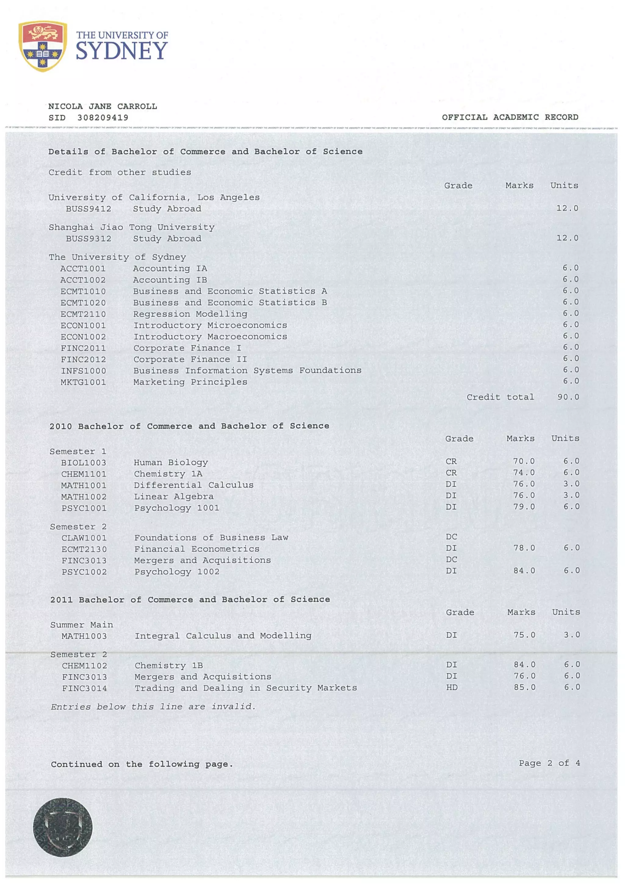 Nicola_Carroll_Academic Transcript | PDF