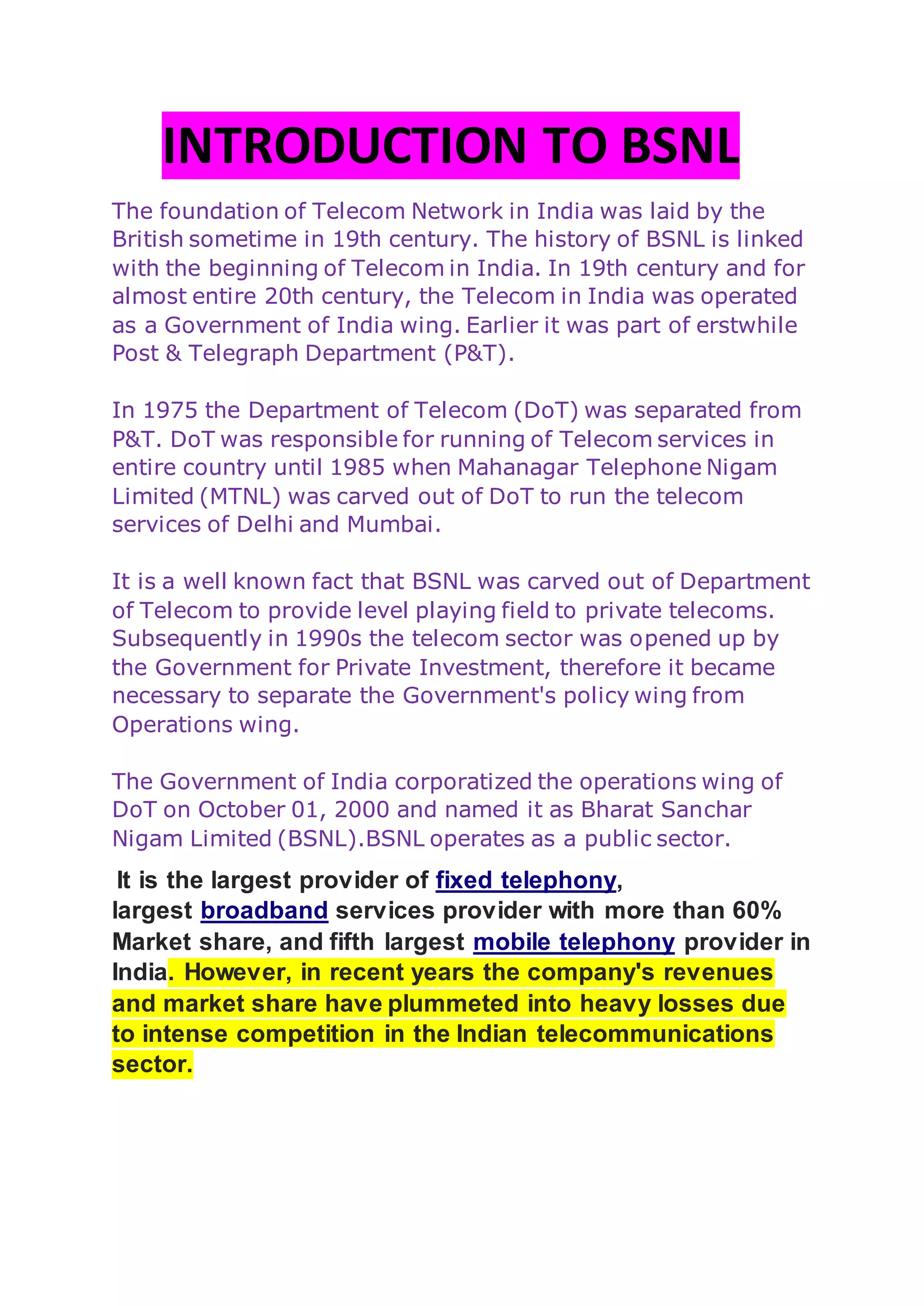 CASE STUDY ON BSNL | DOCX