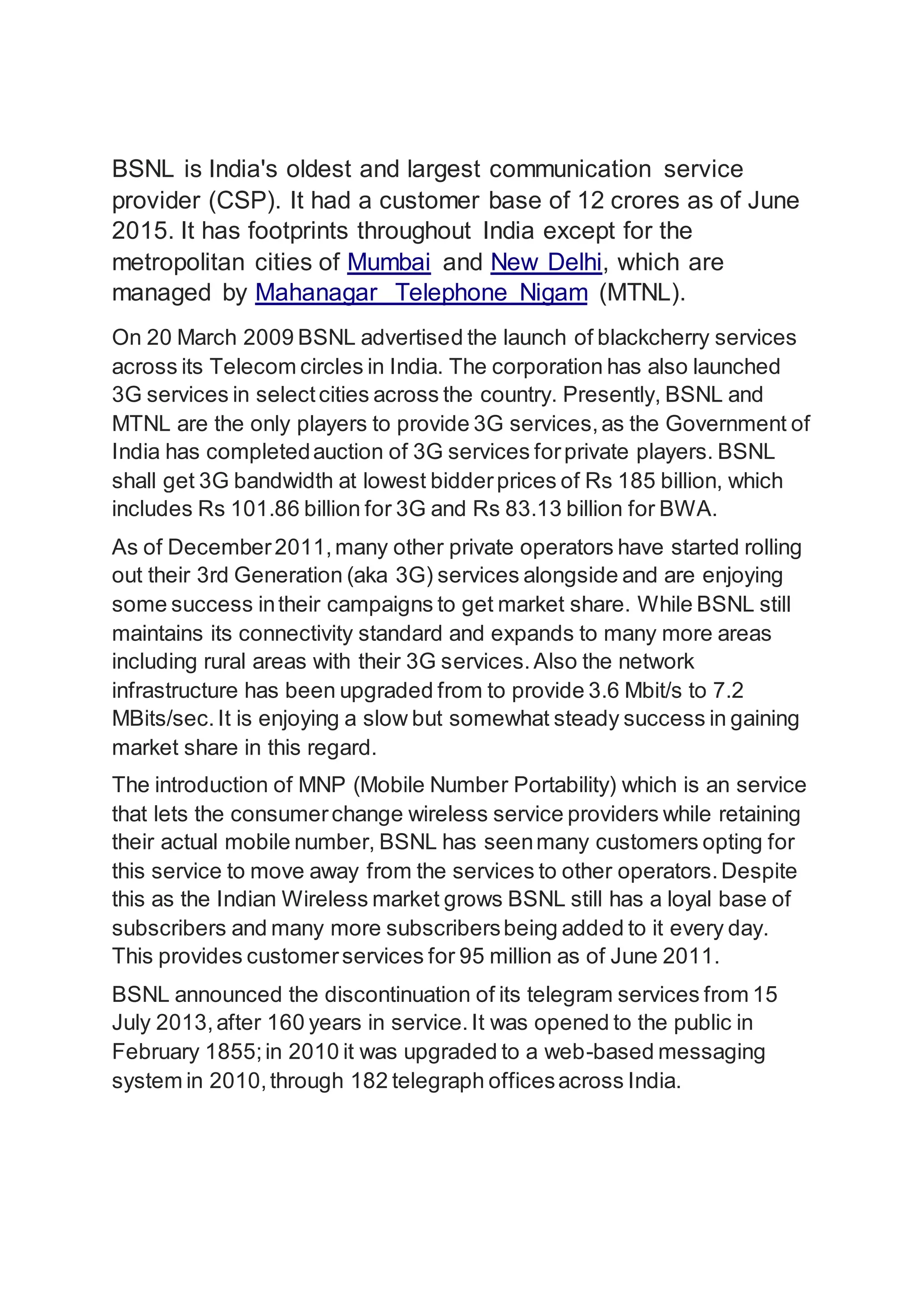 CASE STUDY ON BSNL | DOCX