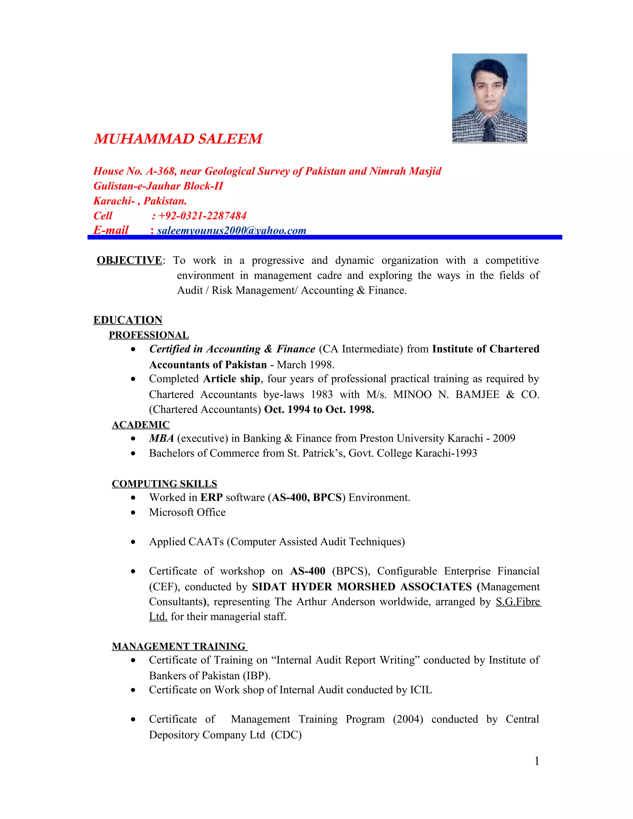 Saleem Younus CV | DOC | Business Accounting & Finance | Business