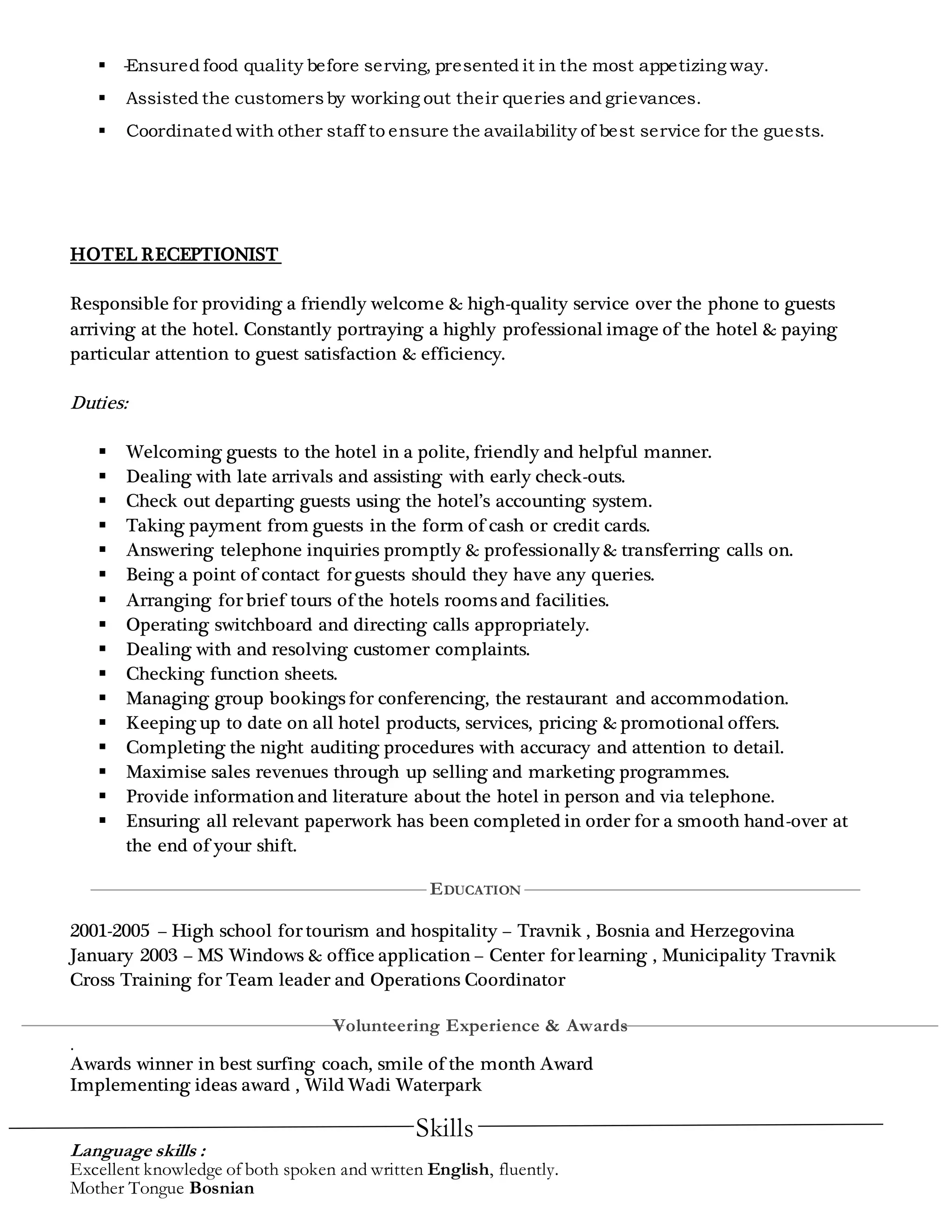 Azra Resume | DOCX | Hotels and Motels | Travel Type