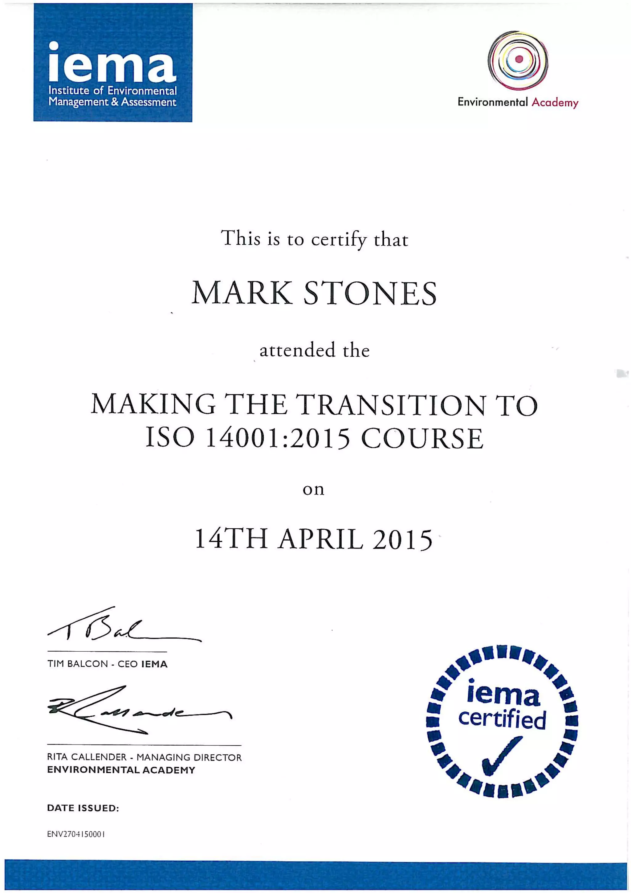 IEMA Transition to ISO14001 Certificate | PDF