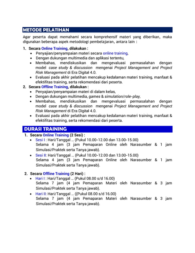 Silabus Training "Effective PROJECT MANAGEMENT & PROJECT RISK MANAGEMENT di Era DIGITAL 4.0" | PDF