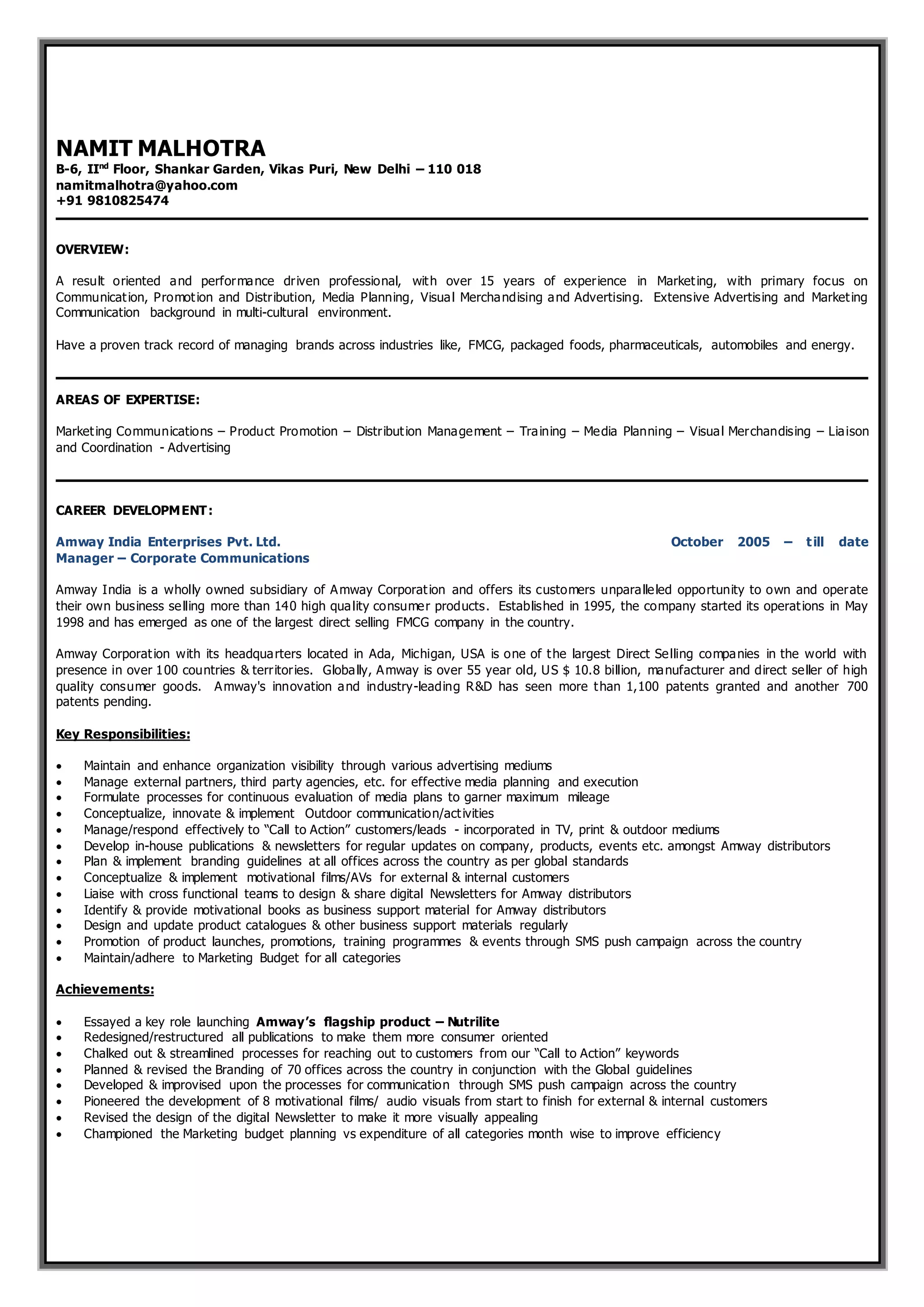 CV Namit Malhotra | DOCX | Marketing and Advertising | Business