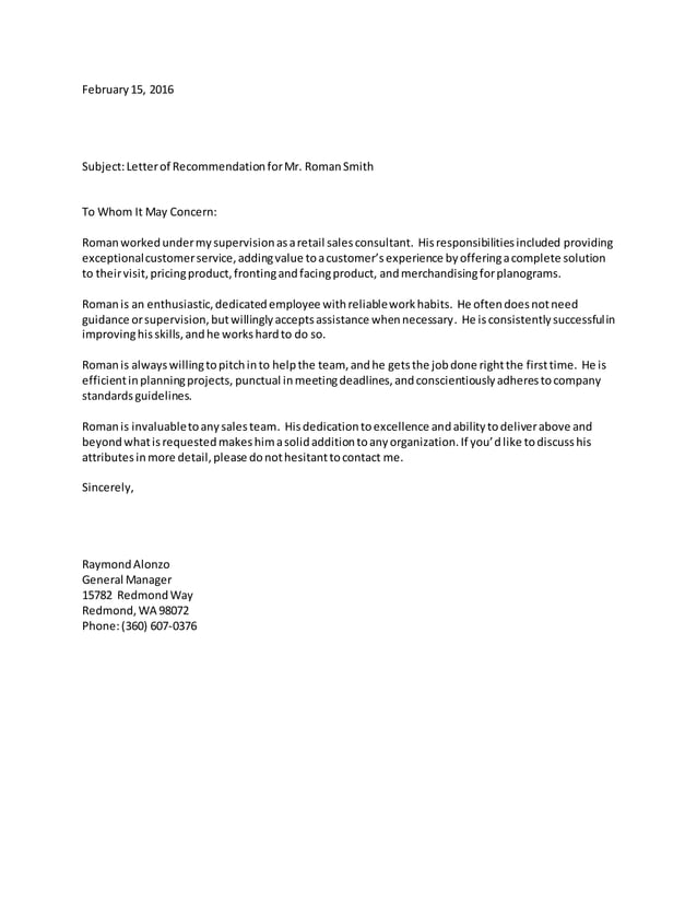 Roman Smith Letter of Recommendation | DOCX