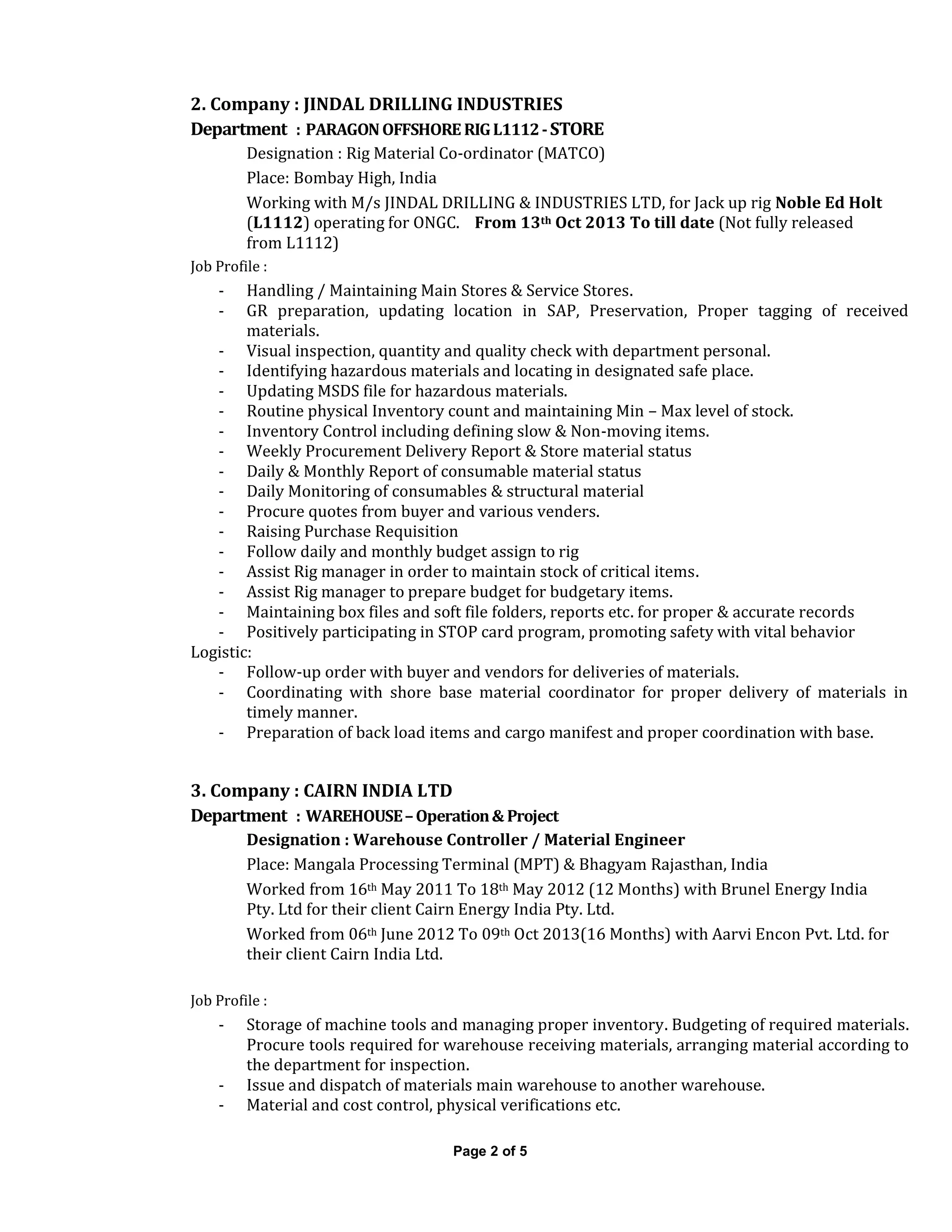 RIG STORE KEEPER RESUME | PDF