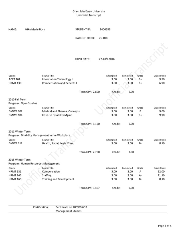 Nika Buck - MacEwan Transcript | PDF | Business | Business and Finance