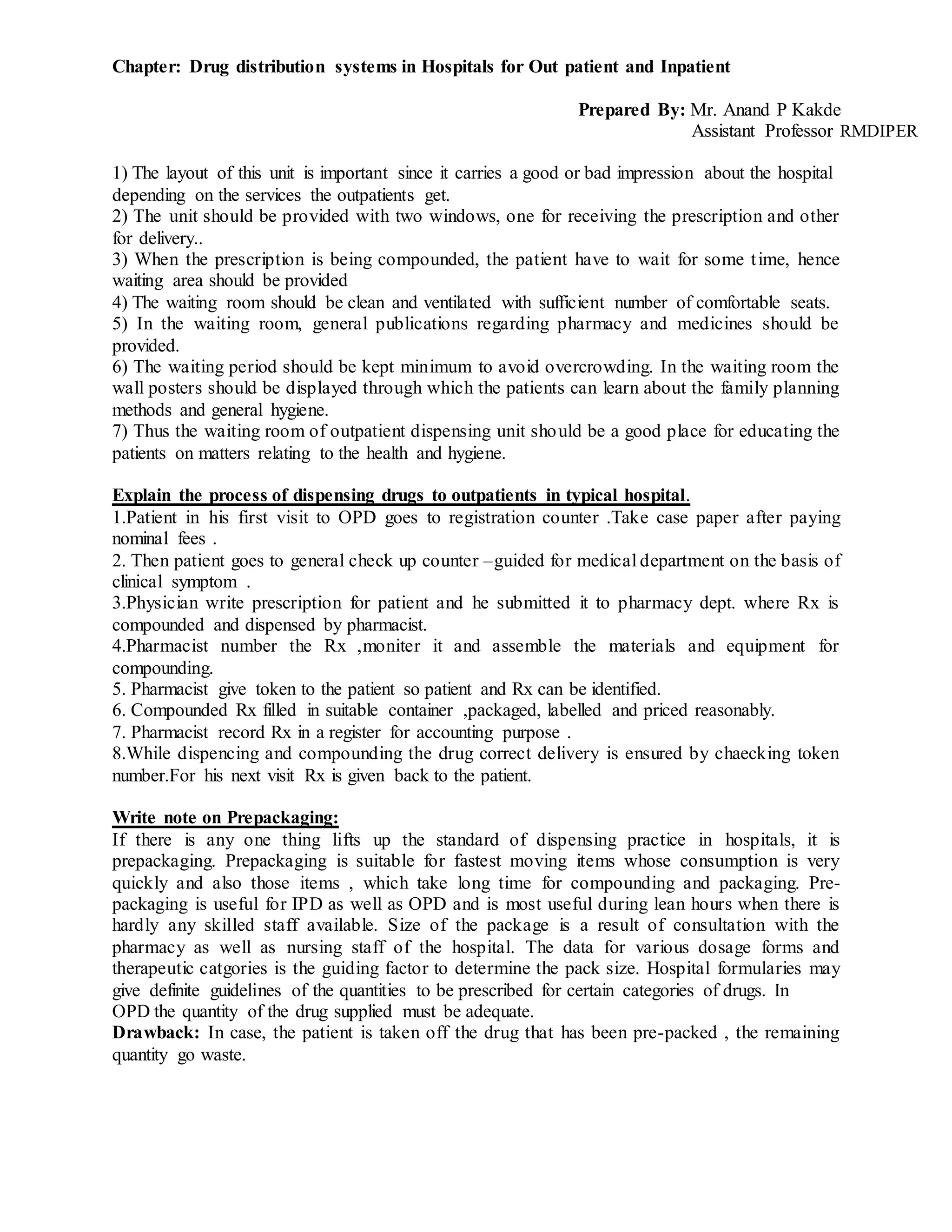 Drug distribution systems in Hospitals for Out patient and Inpatient | DOCX