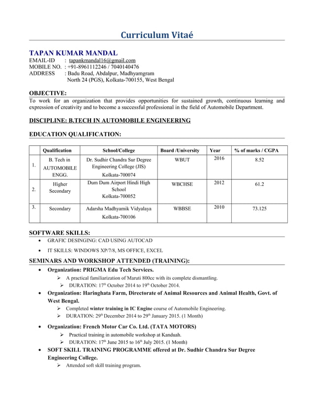 RESUME OF TAPAN KUMAR MANDAL | DOC | Automotive Industry | Industries