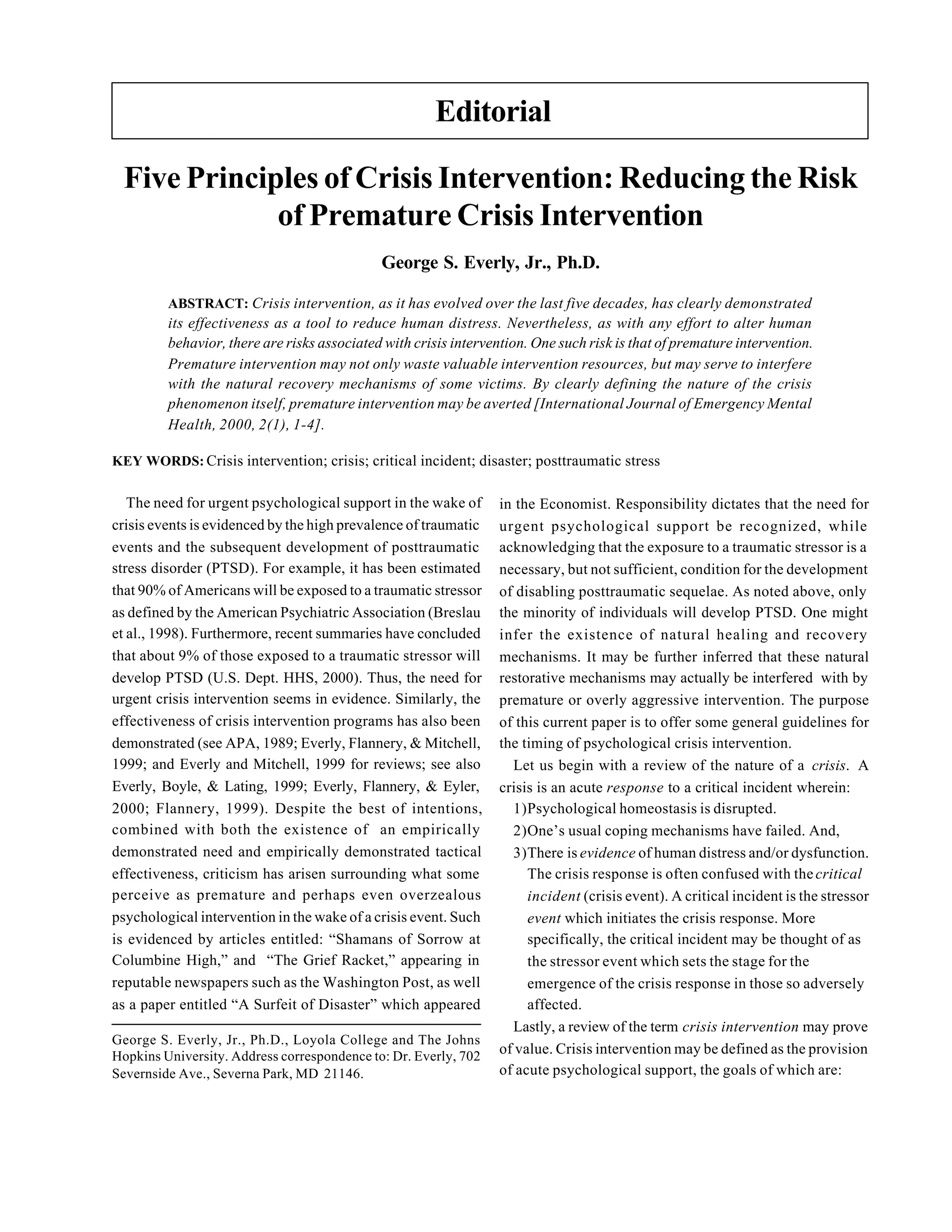 5 Principles of Crisis Intervnetion - Reducing the Risk of Premature ...