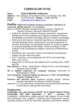 Twopage CV April 2015 Clare Anderson non web | DOC