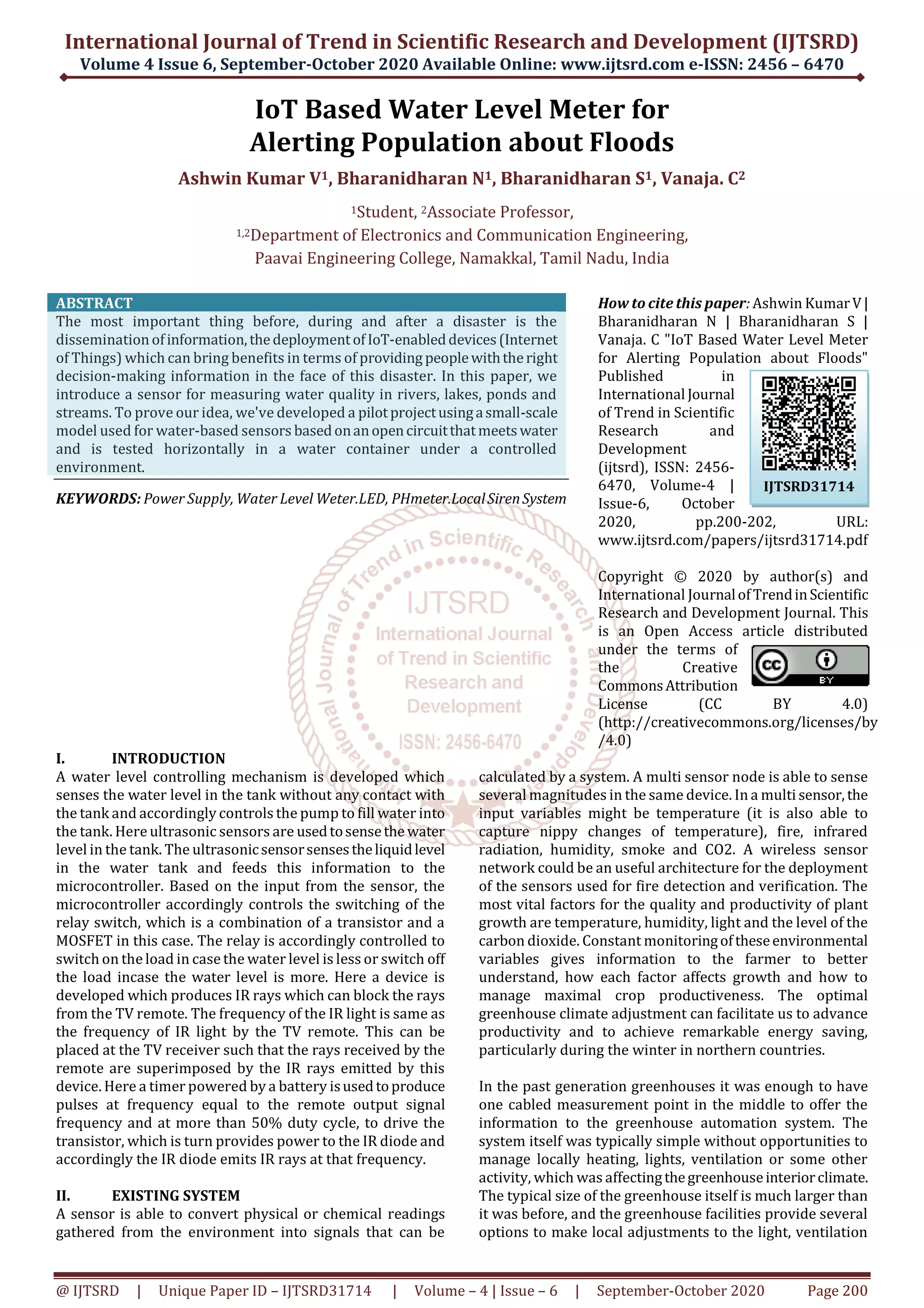 Iot Based Water Level Meter For Alerting Population About Floods Pdf