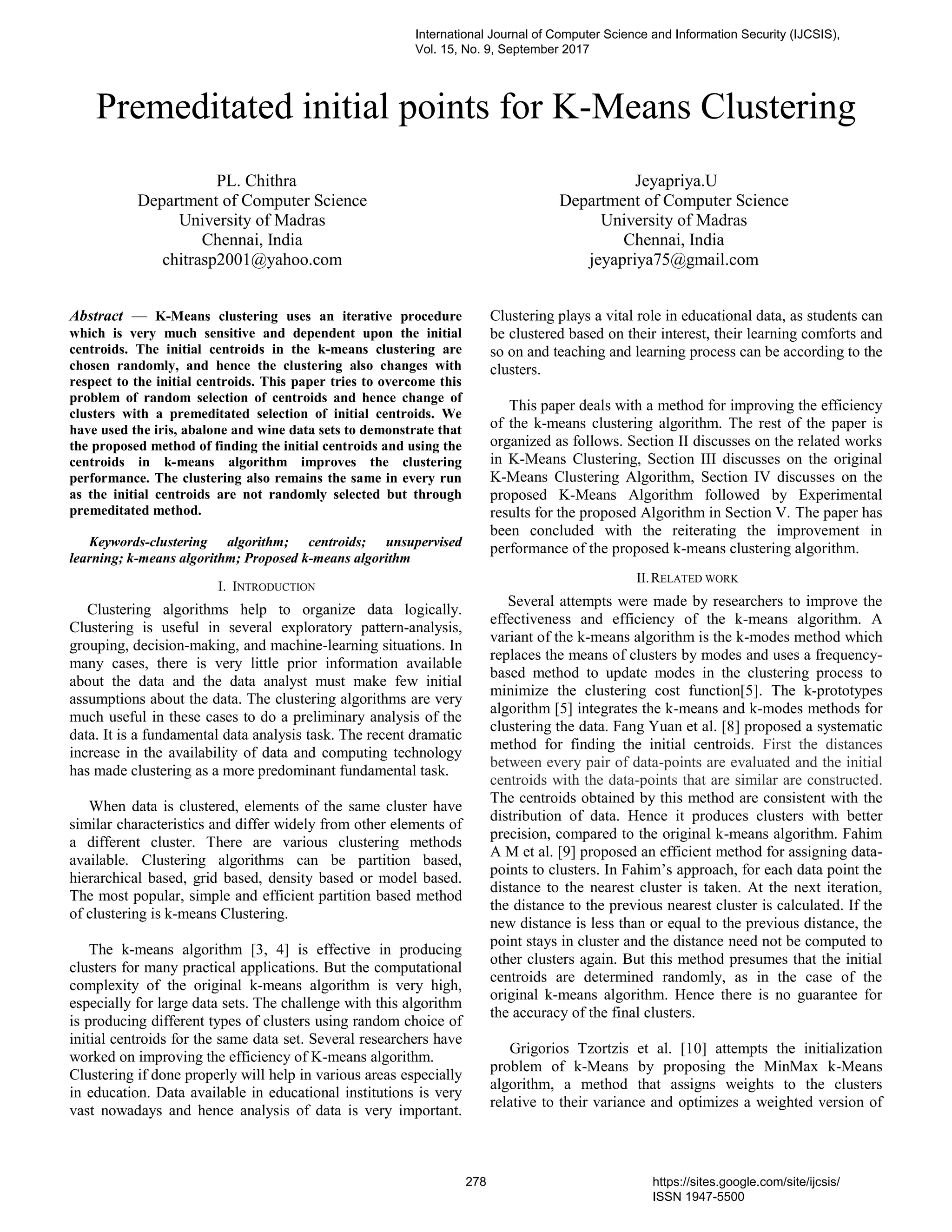 Premeditated Initial Points for K-Means Clustering | PDF