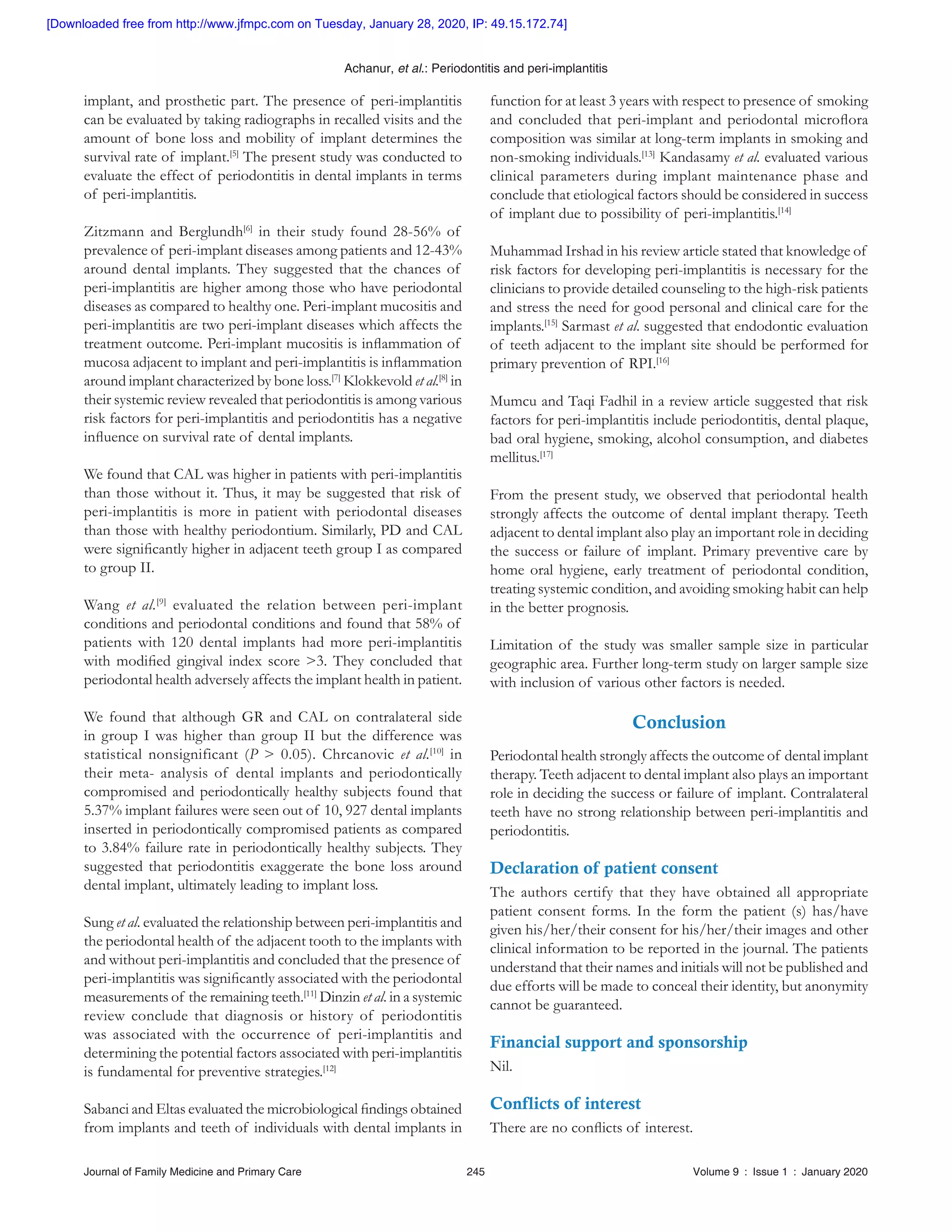 Assessment of correlation of periodontitis in teeth adjacent to implant ...