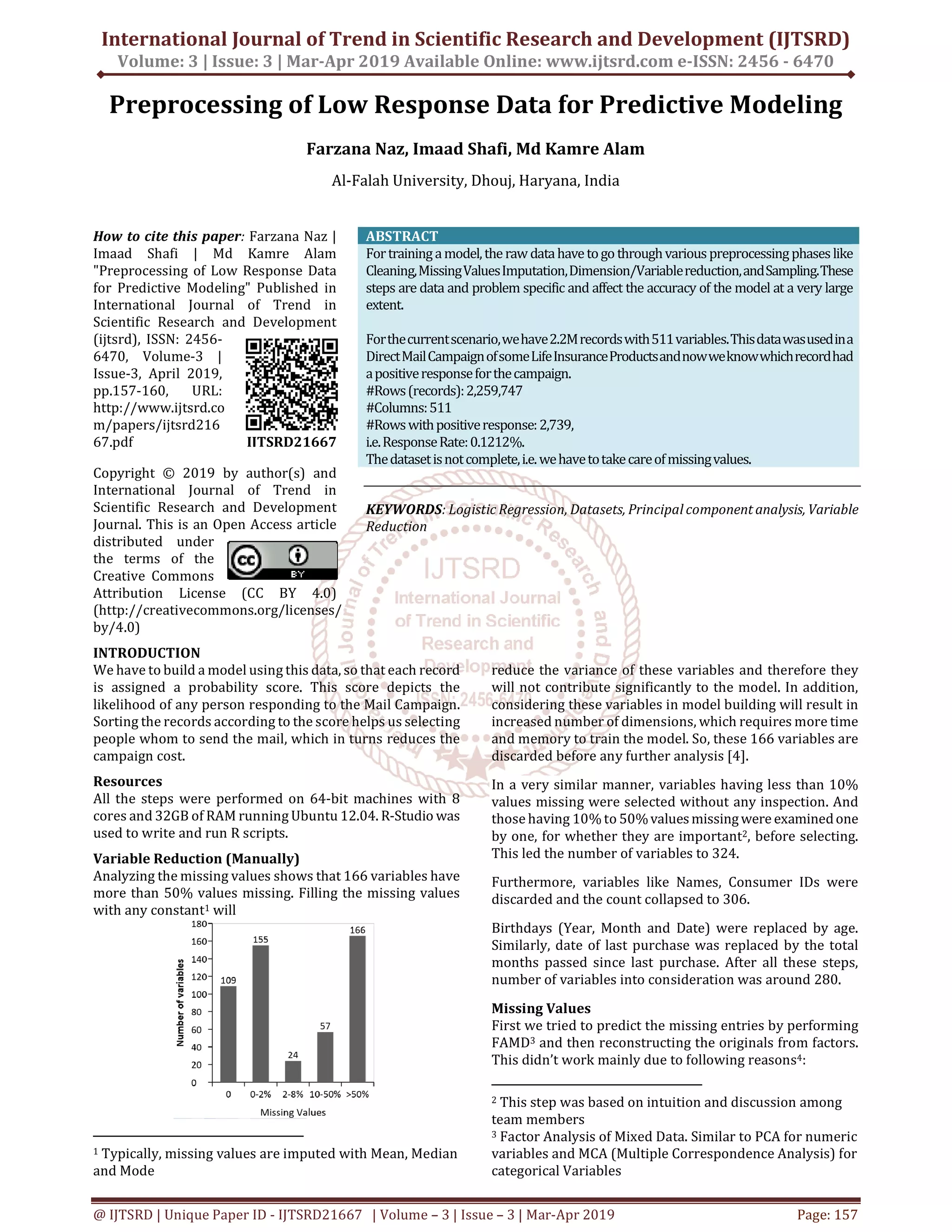 Preprocessing Of Low Response Data For Predictive Modeling Pdf