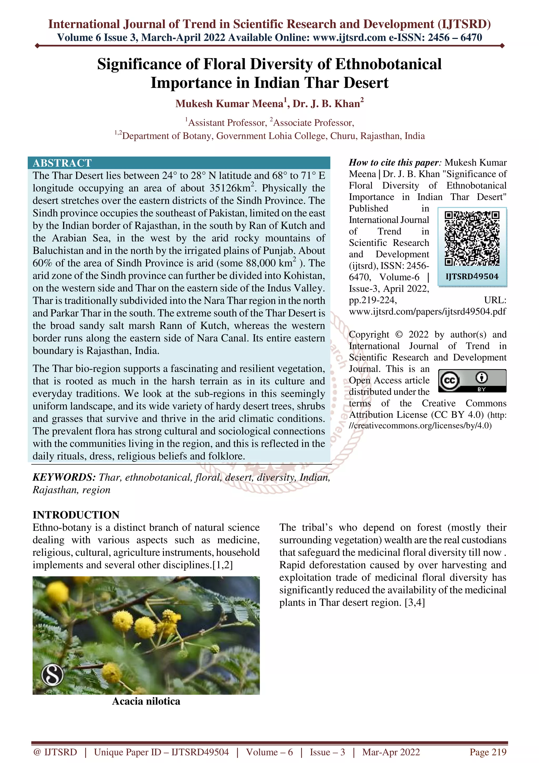 Significance of Floral Diversity of Ethnobotanical Importance in Indian Thar Desert | PDF