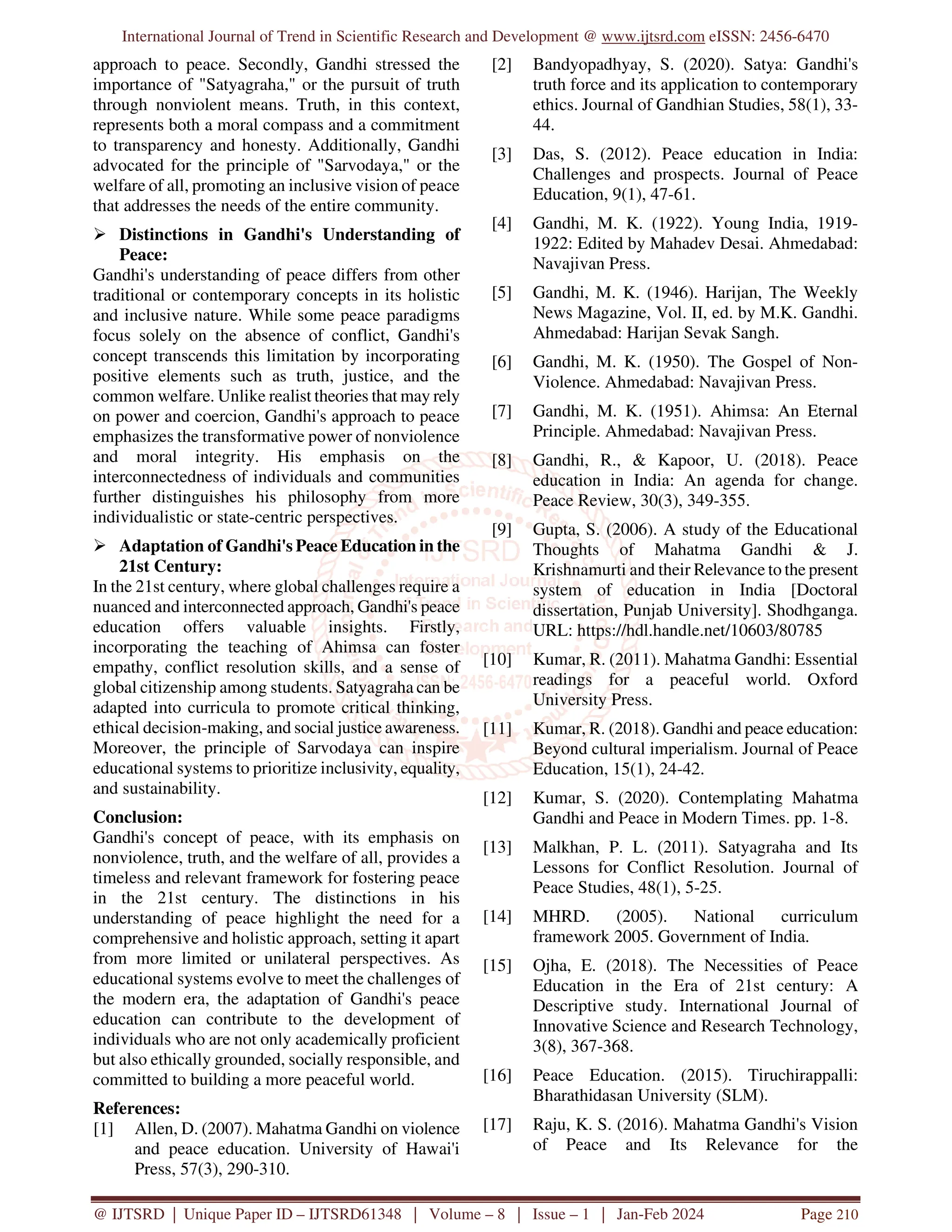 Thoughts of Mahatma Gandhi on Peace Education and its Relevance in ...