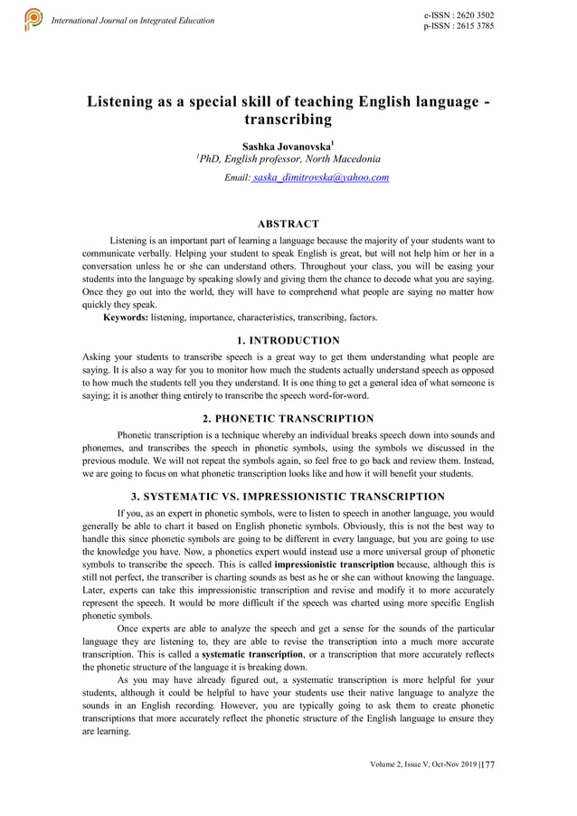 Listening as a special skill of teaching English language - transcribing | PDF