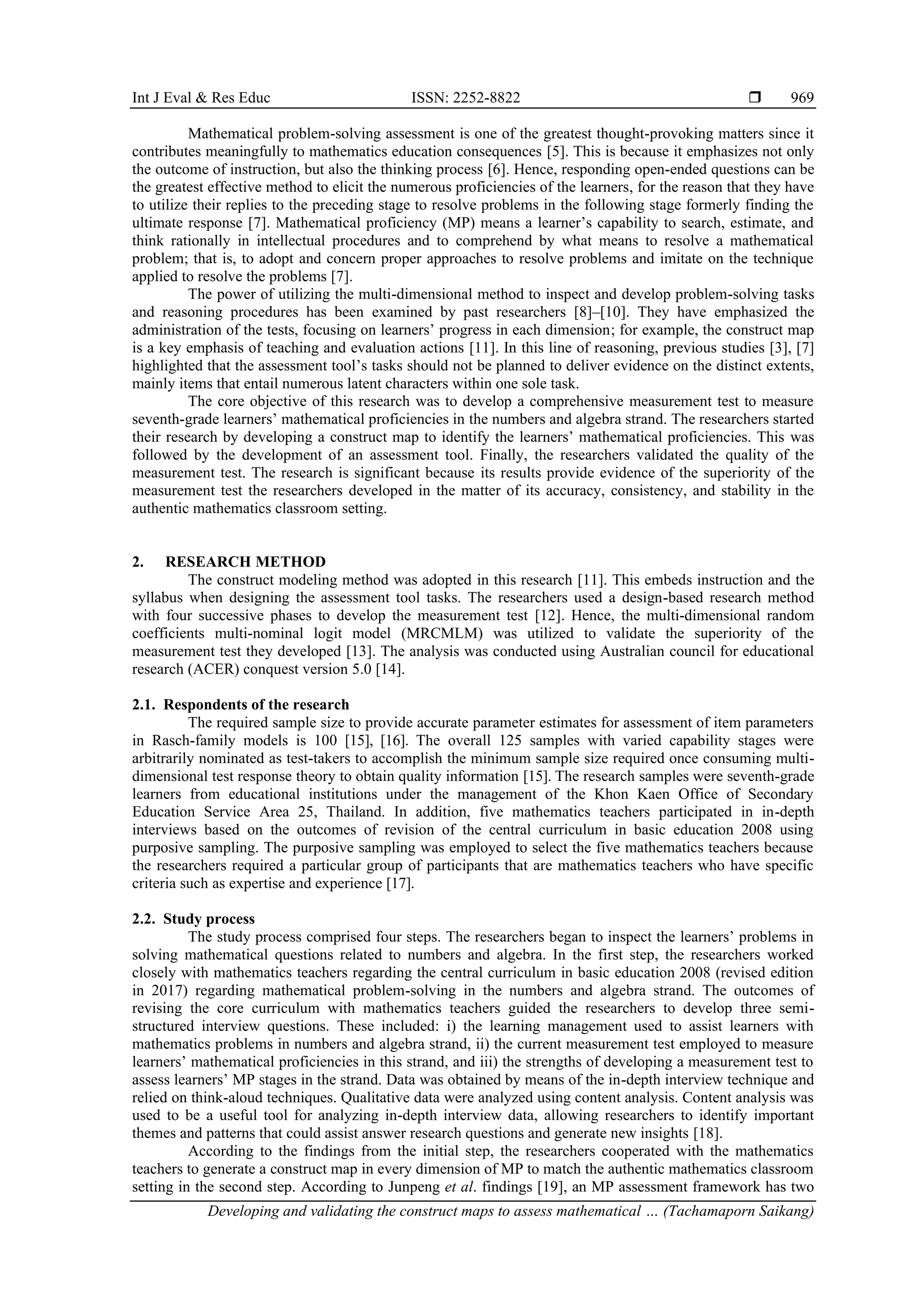 Developing and validating the construct maps to assess mathematical ...
