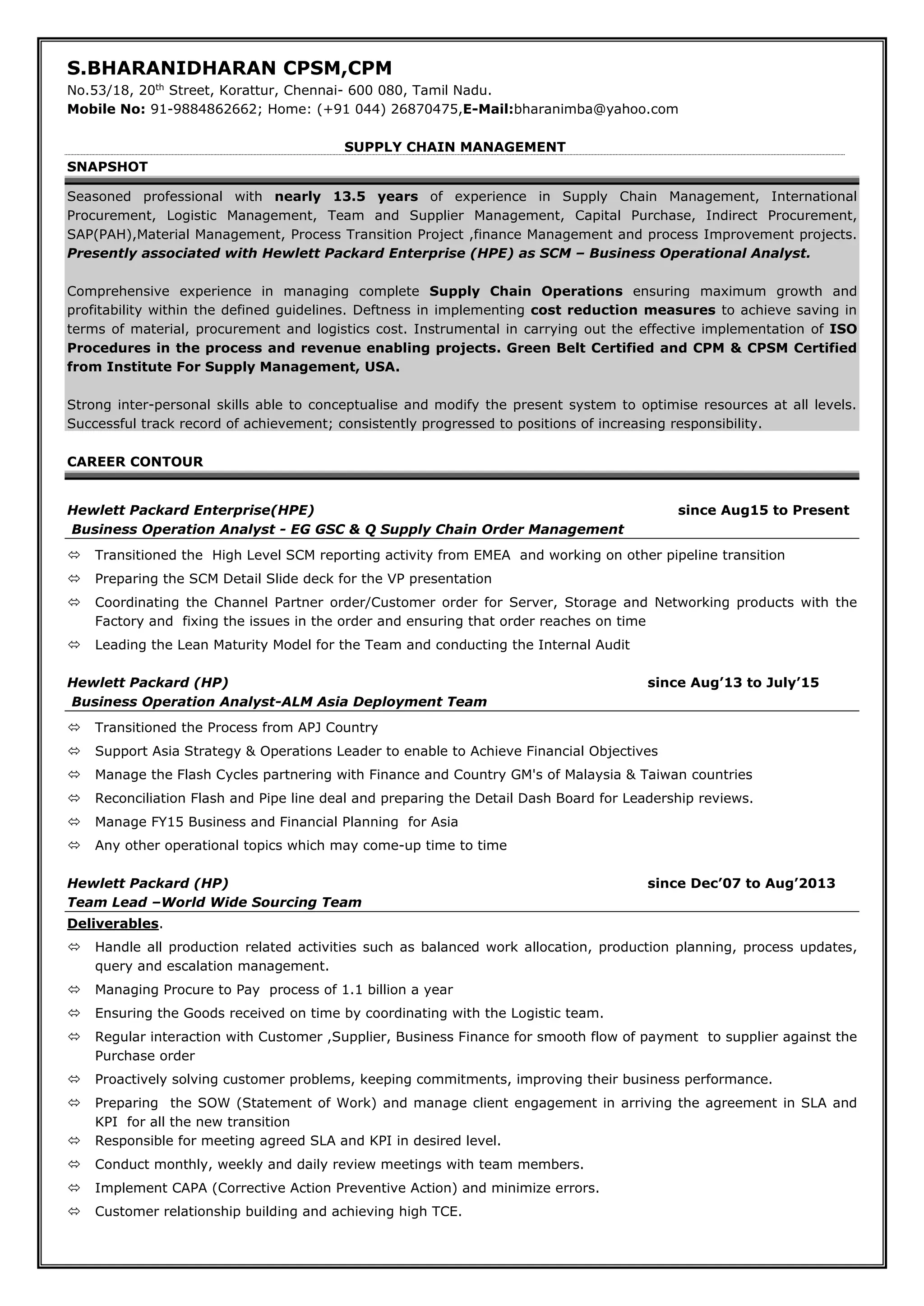 Bharanidharan CPSM ,CPM - Resume -Nov'16 | PDF | Logistics | Business