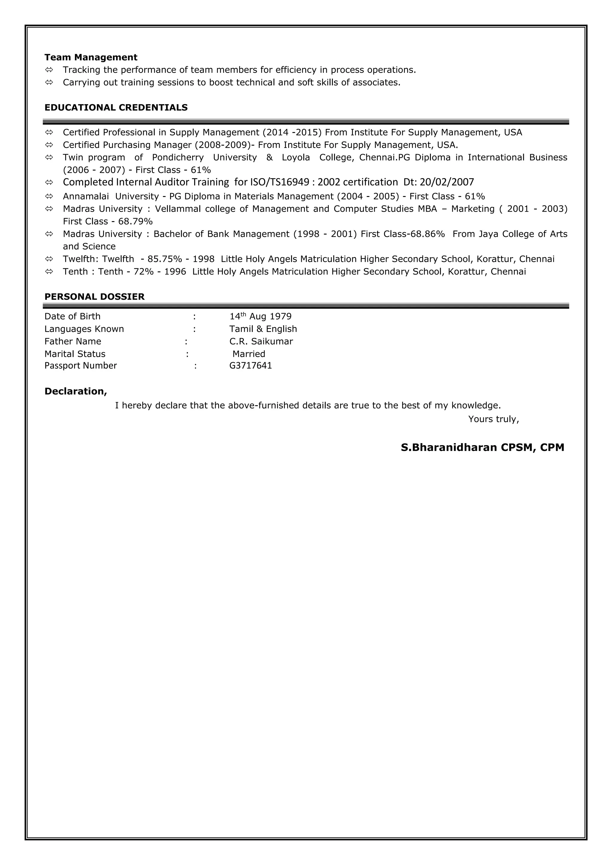 Bharanidharan CPSM ,CPM - Resume -Nov'16 | PDF | Logistics | Business