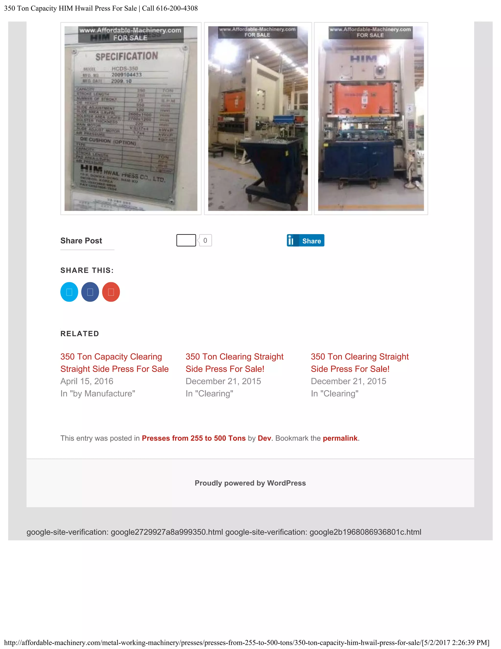 350 Ton Capacity HIM Hwail Press For Sale | PDF