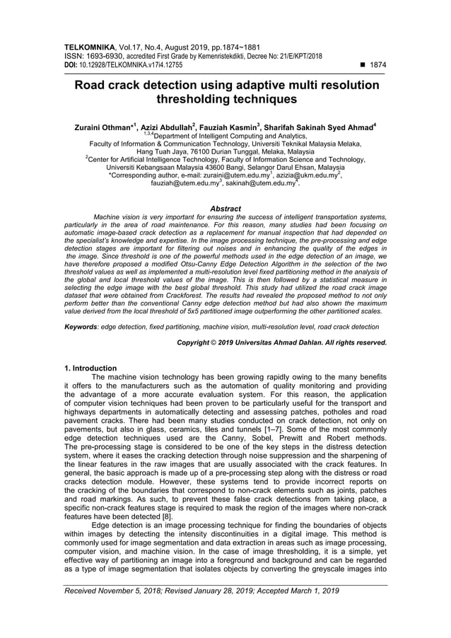 Road crack detection using adaptive multi resolution thresholding techniques | PDF
