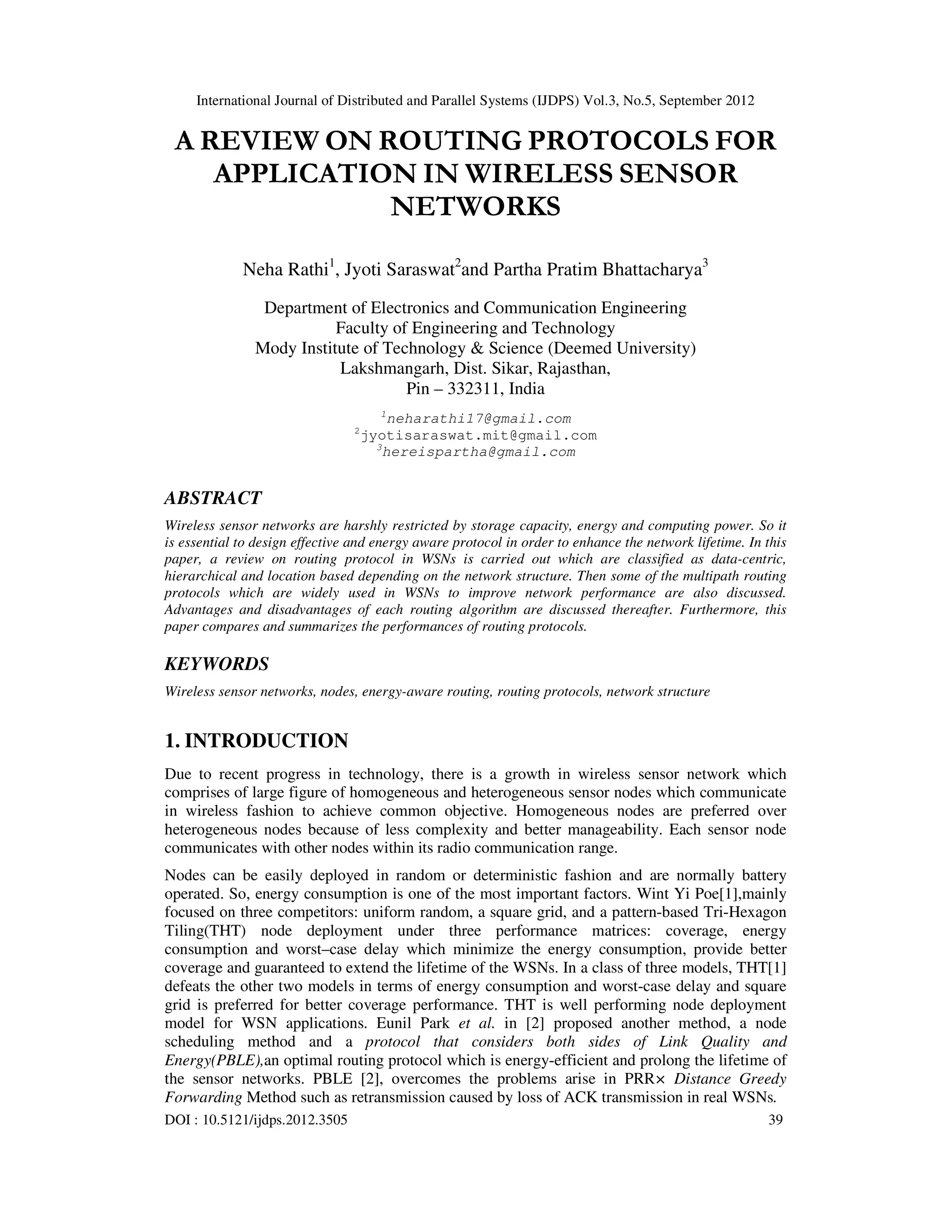 A REVIEW ON ROUTING PROTOCOLS FOR APPLICATION IN WIRELESS SENSOR ...