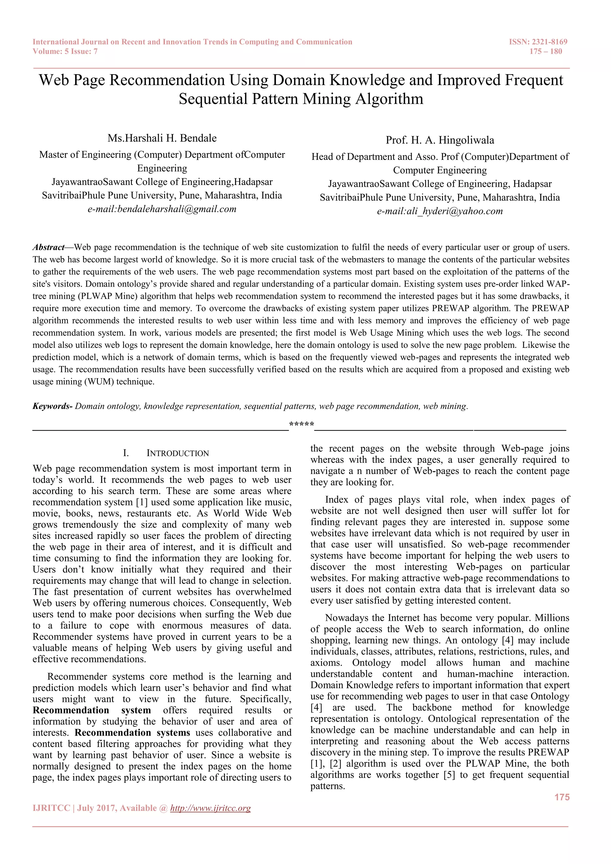 Web Page Recommendation Using Domain Knowledge And Improved Frequent Sequential Pattern Mining