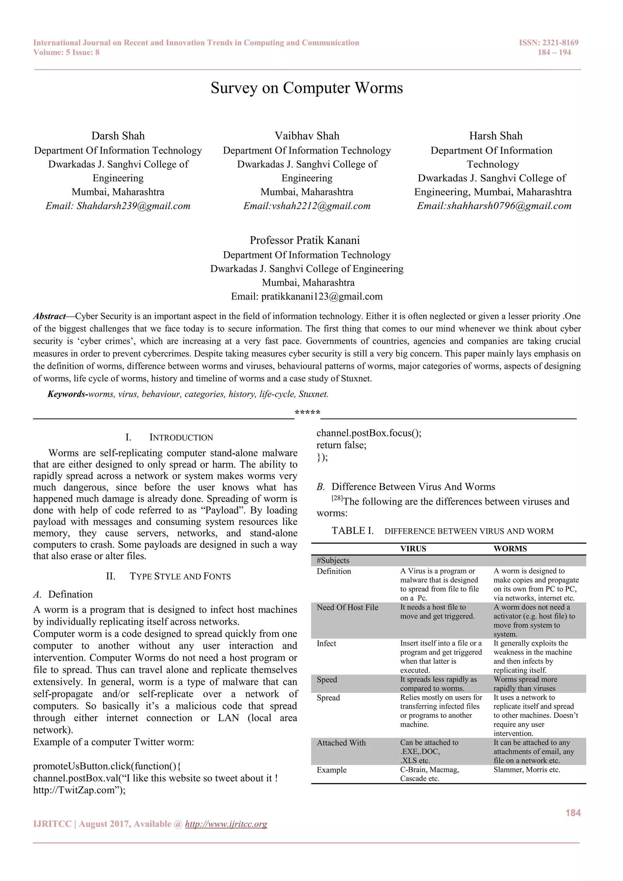 Survey on Computer Worms | PDF