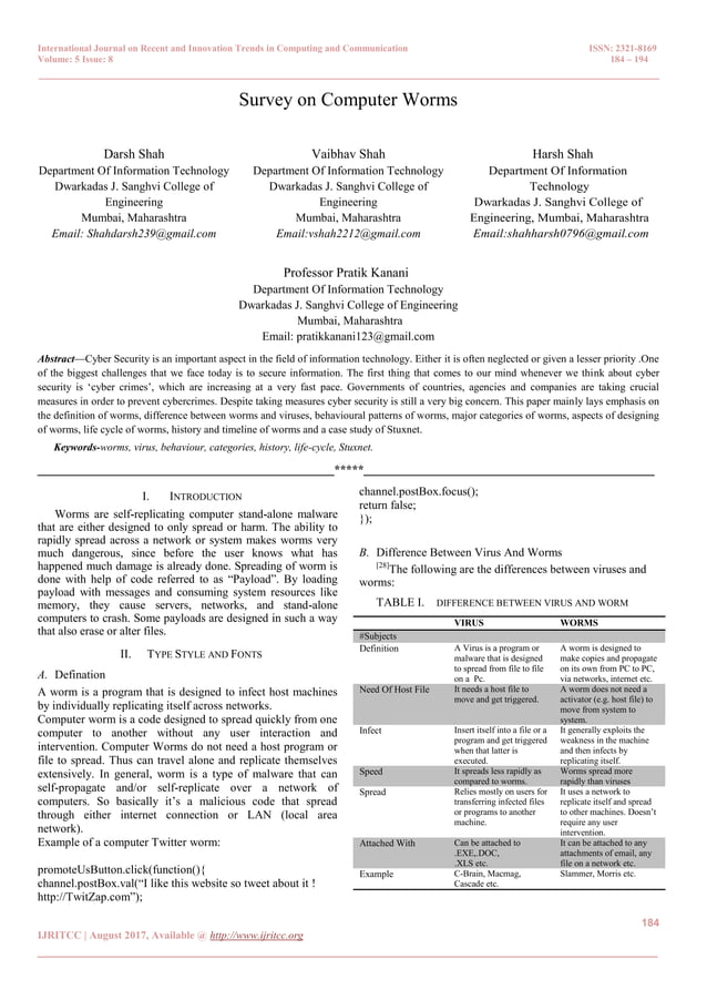 Survey on Computer Worms | PDF