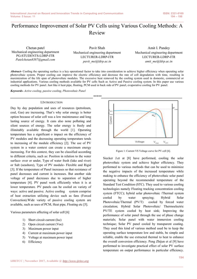 Performance Improvement of Solar PV Cells using Various Cooling Methods: A Review | PDF