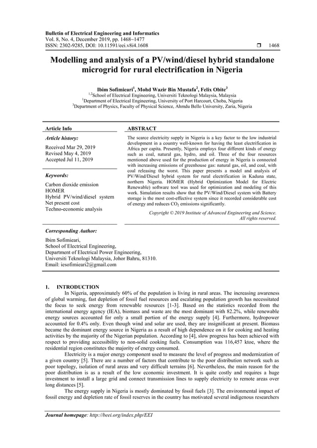 Modelling and analysis of a PV/wind/diesel hybrid standalone microgrid ...