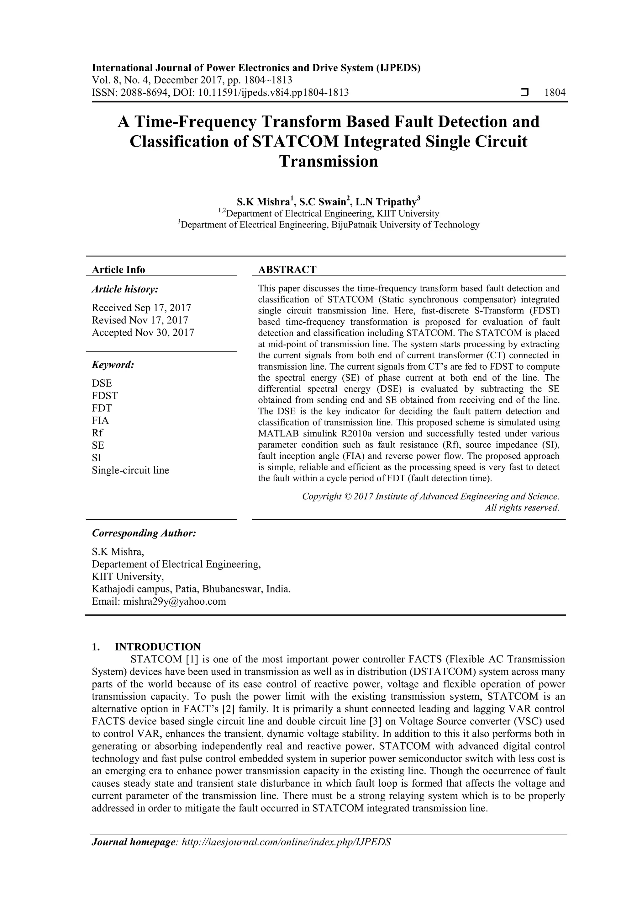 A Time Frequency Transform Based Fault Detectionand Classificationof