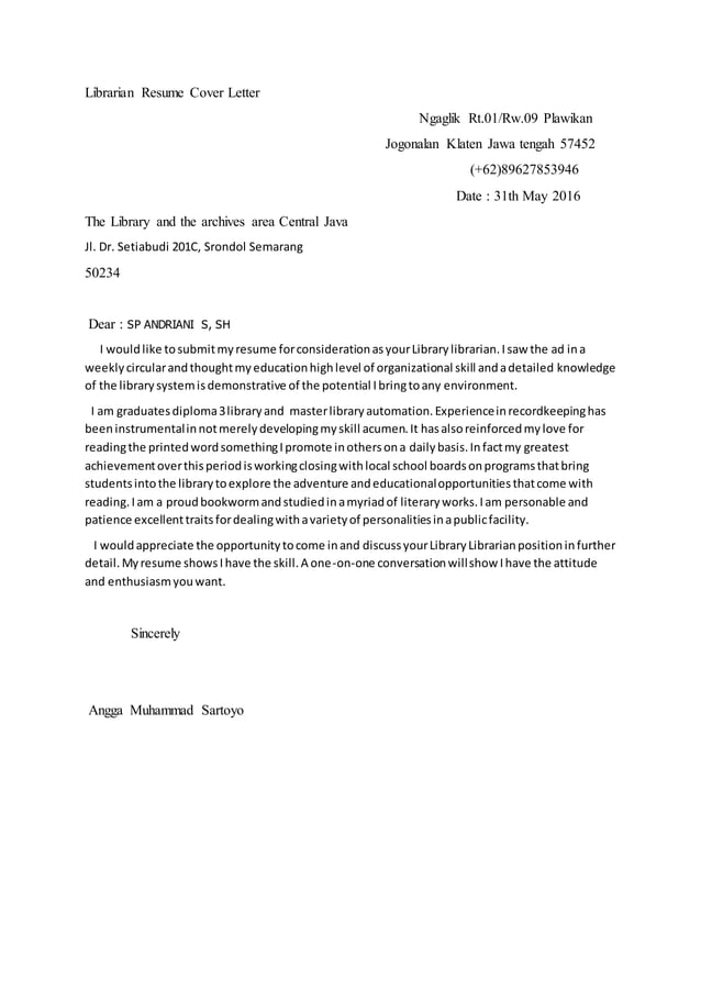Librarian Resume Cover Letter | DOCX