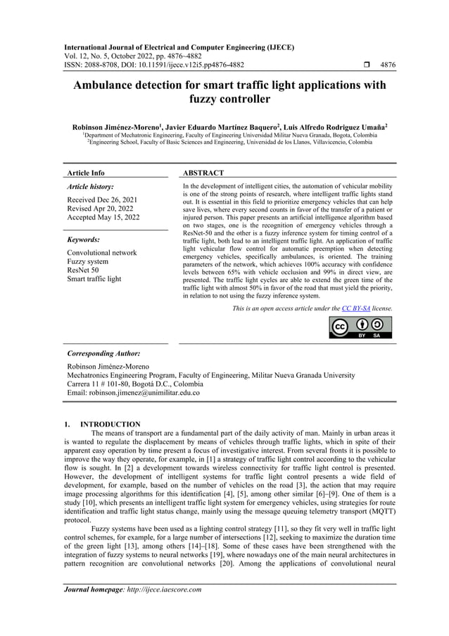 Ambulance detection for smart traffic light applications with fuzzy controller | PDF